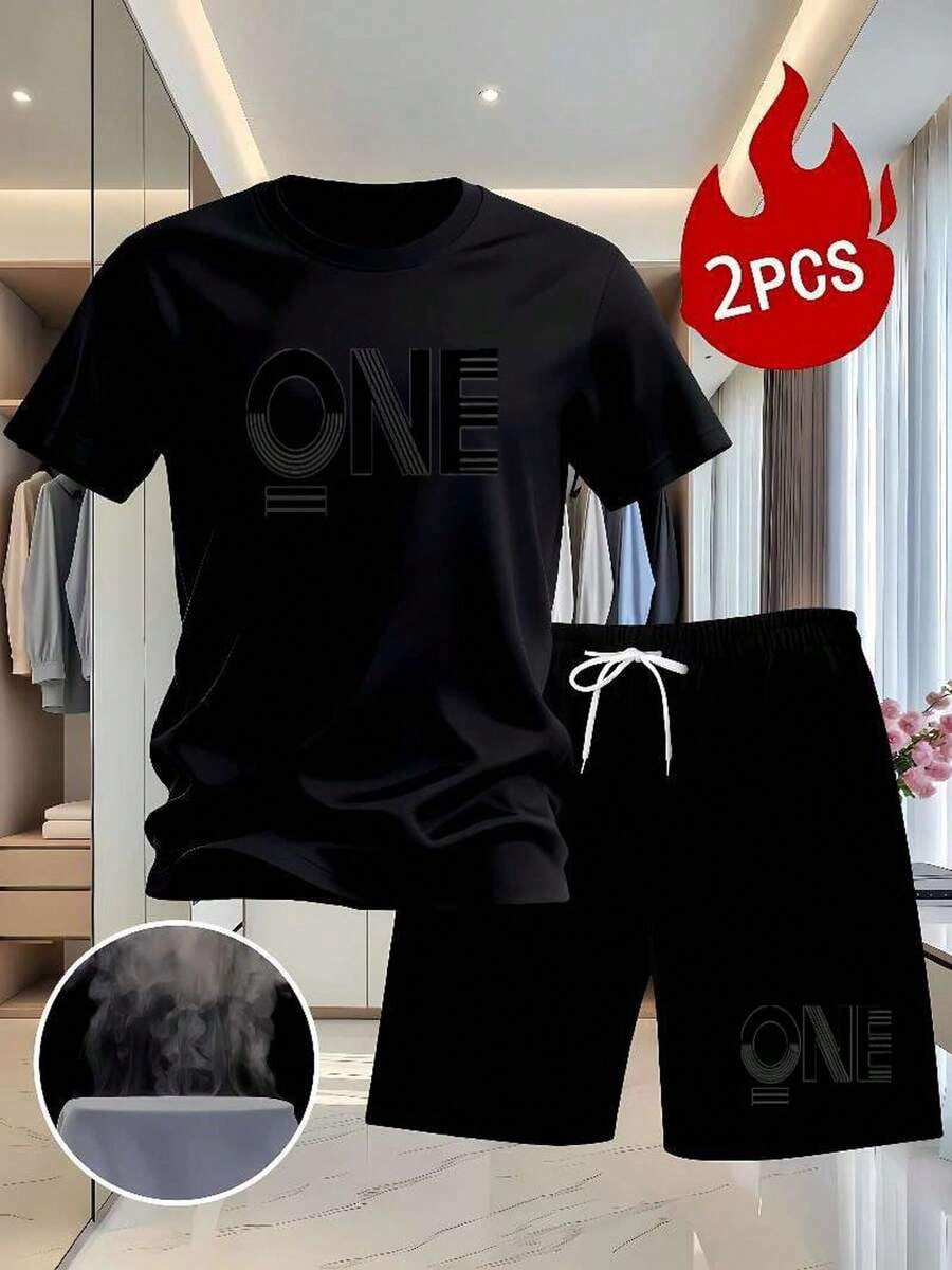 Black Mens Short Sleeve T-Shirt And Shorts Two-Piece Set, Loose Casual ...