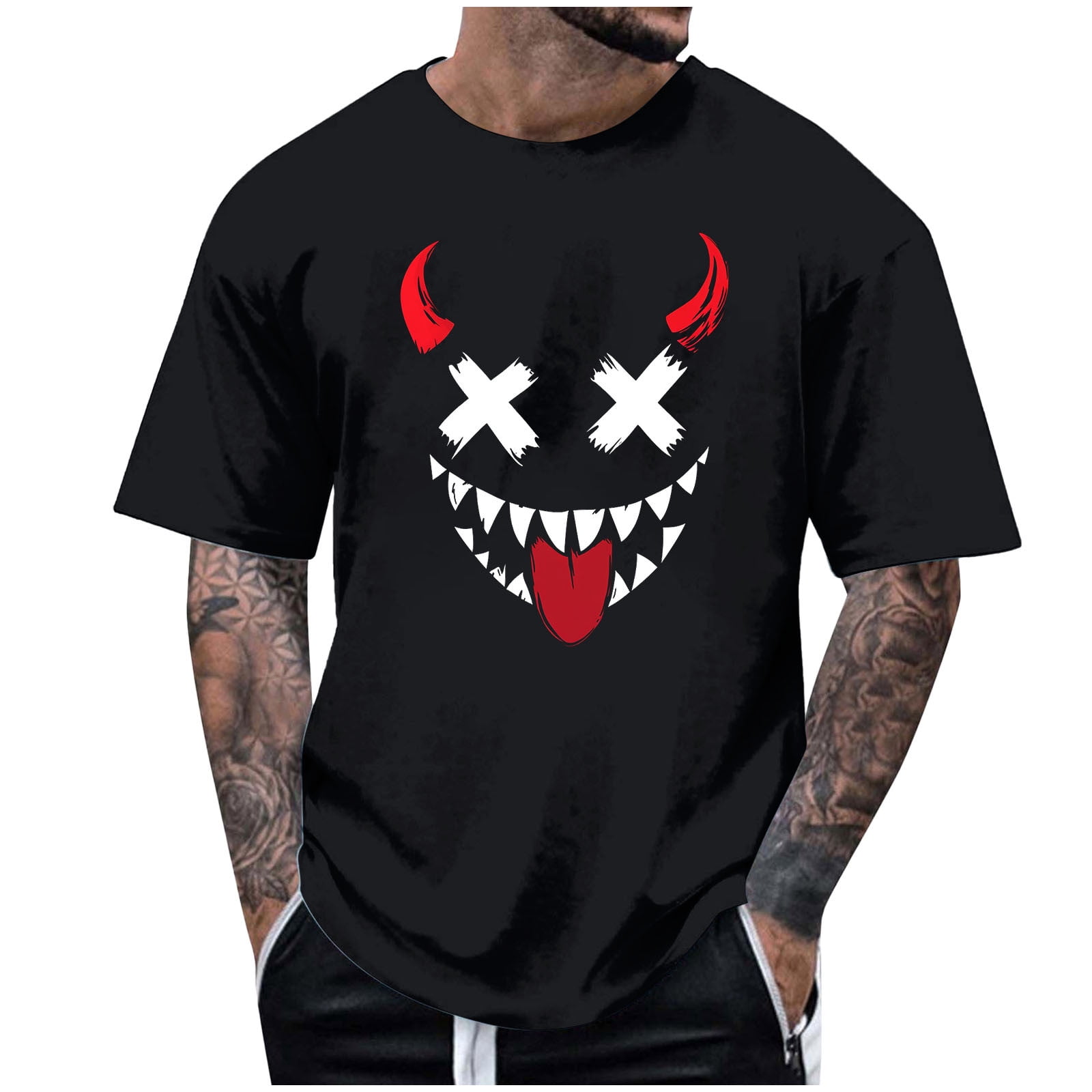 Black Mens Skeleton Print Tshirts Boat Neck Tee Tops for Mens Short ...