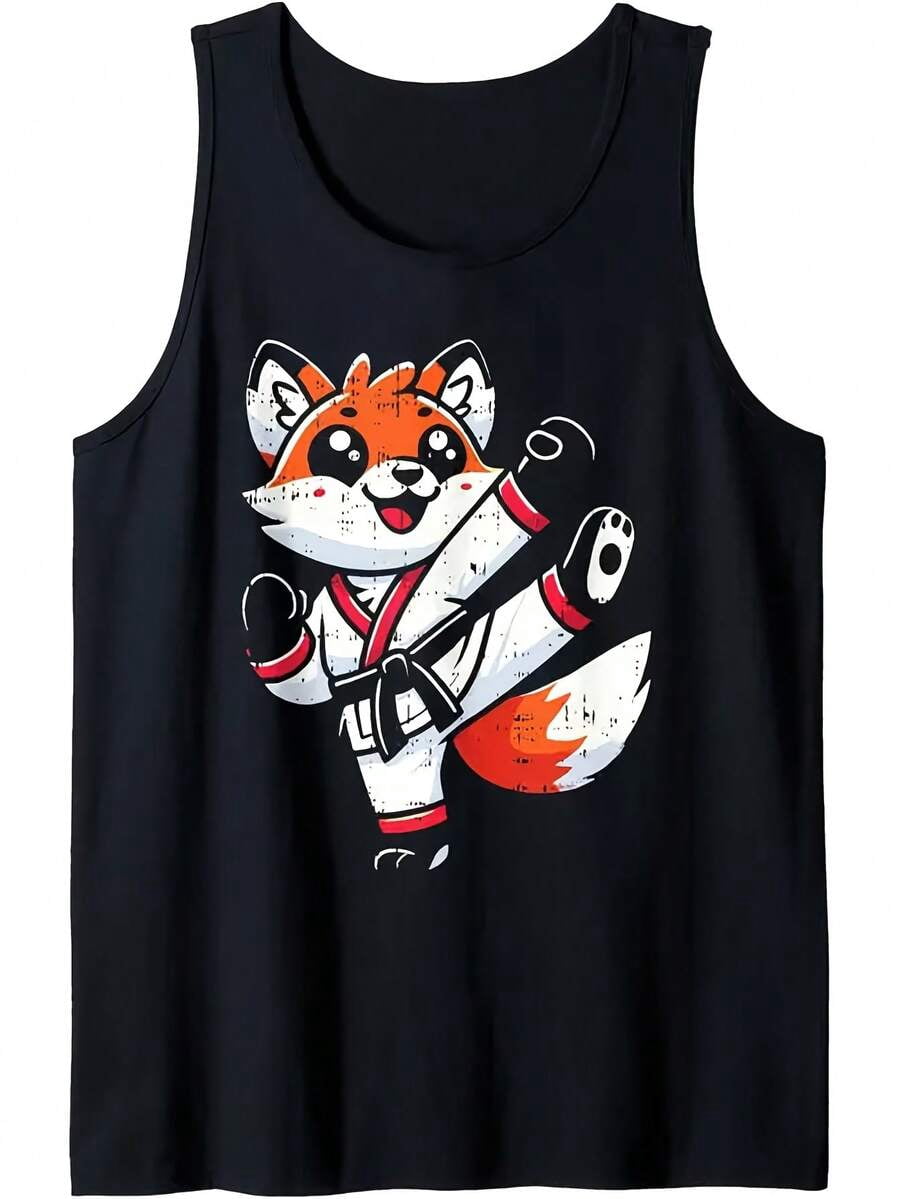Black Mens Sleeveless Tank Top With Martial Arts Fox Graphic Print ...