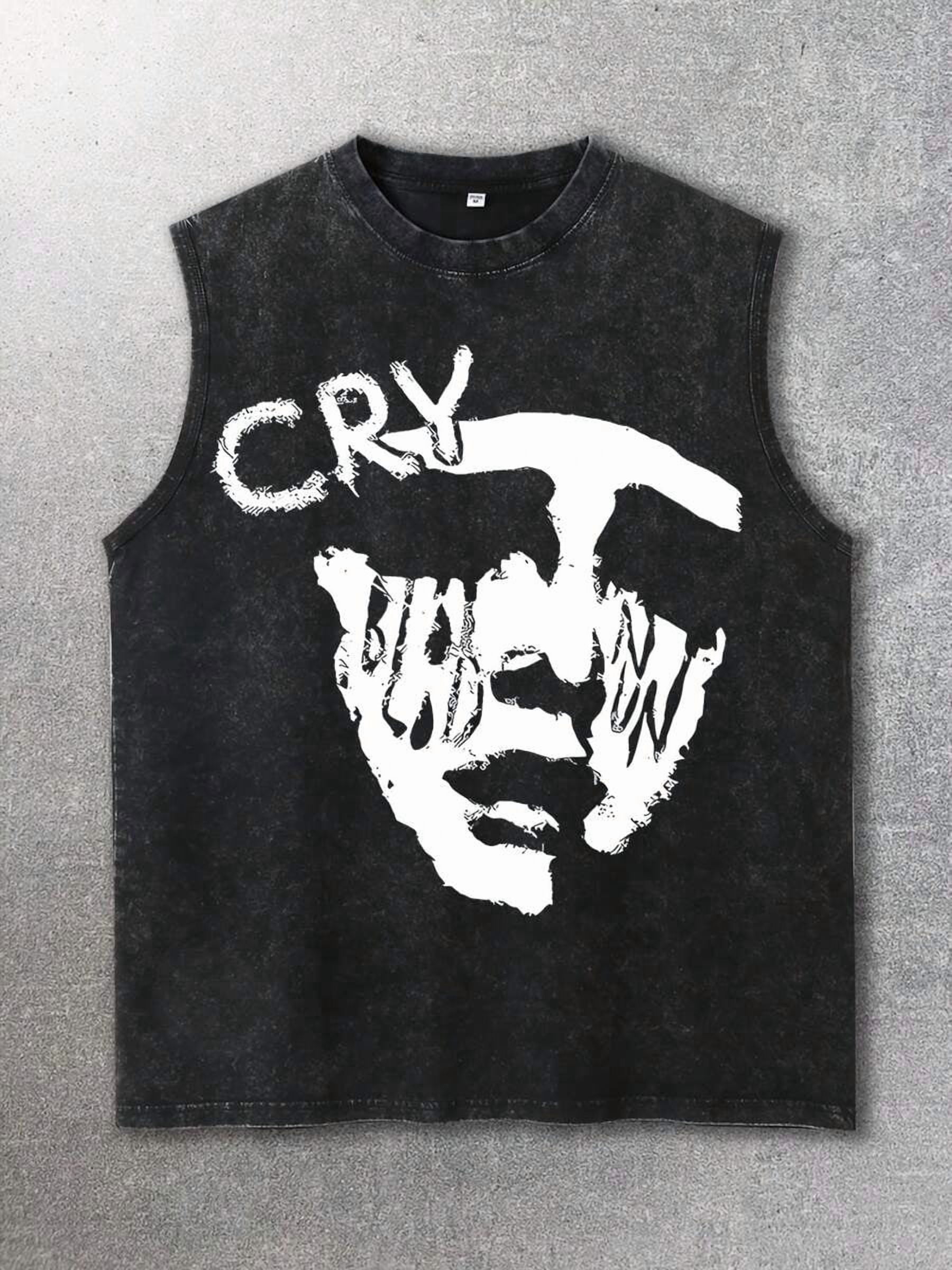 Black Mens Sleeveless Vest Retro Streetwear Graphic Print Distressed ...