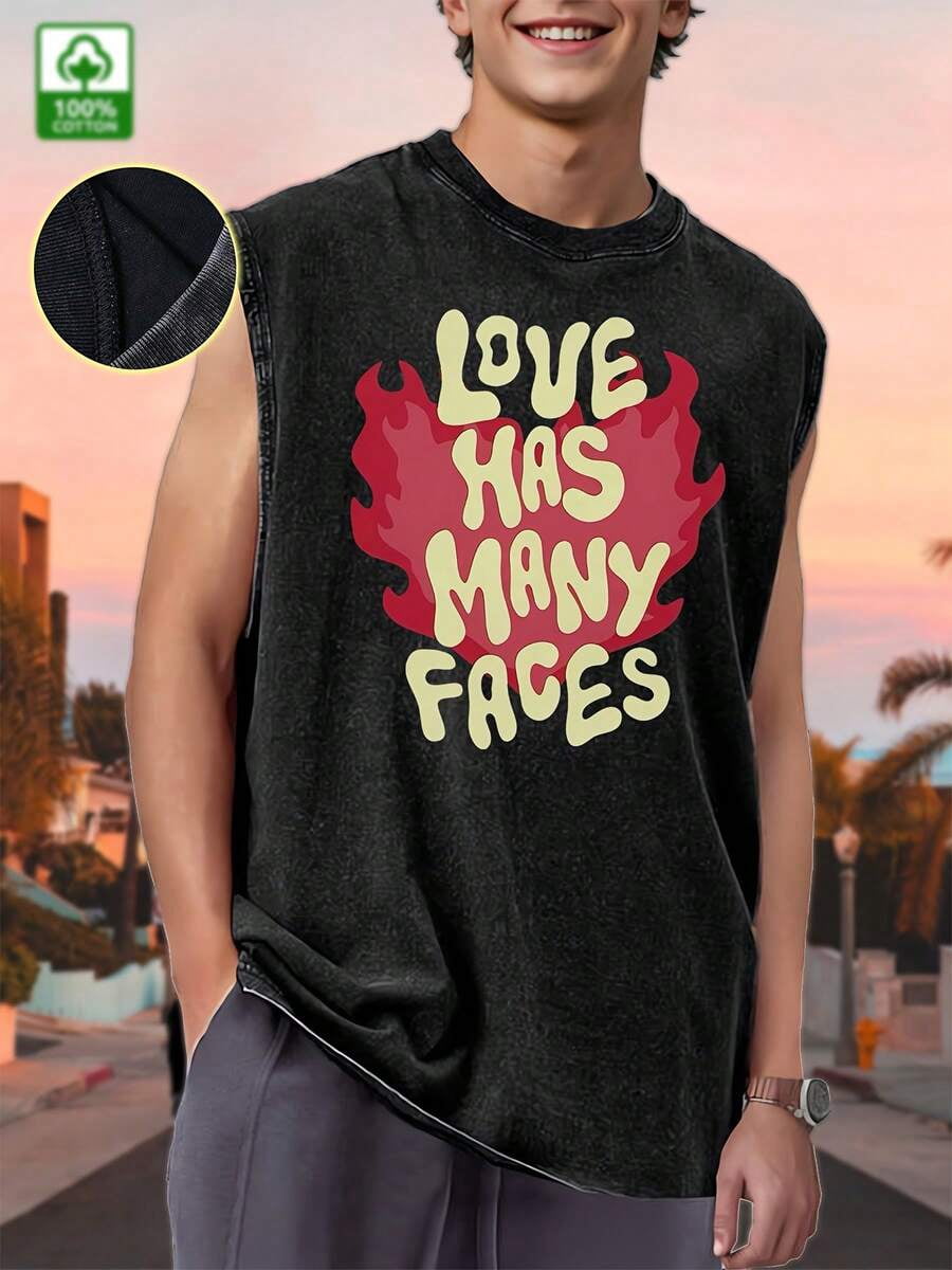 Black Mens Sleeveless Vest Retro Streetwear Loose Fit Cotton Graphic ...