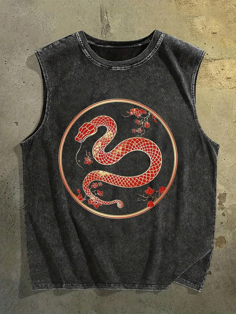 Black Mens Sleeveless Vest With Red Snake Graphic Print Retro ...