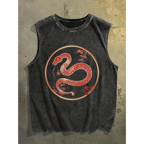 Black Mens Sleeveless Vest With Red Snake Graphic Print Retro ...