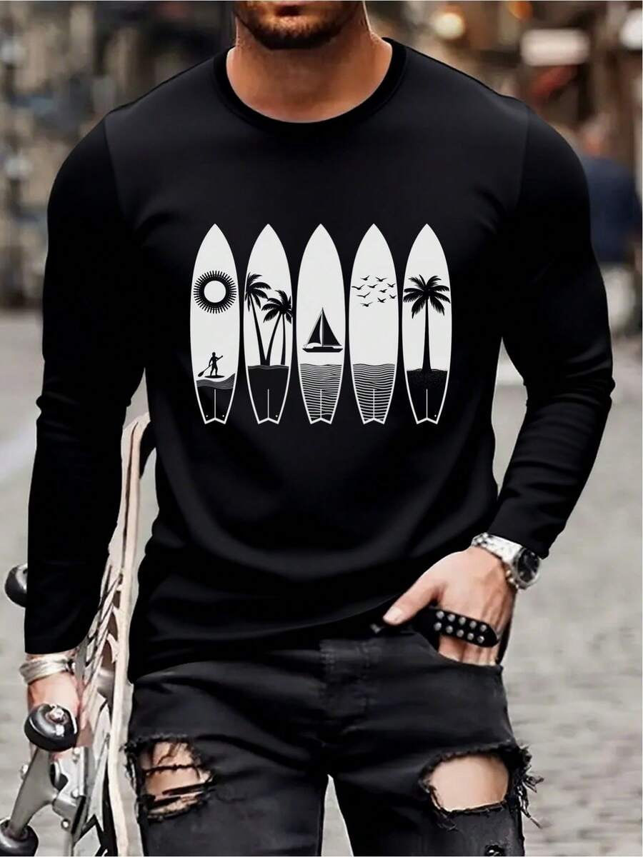Black Mens Surfboard Palm Tree Print Crew Neck Long Sleeve T-Shirt ...