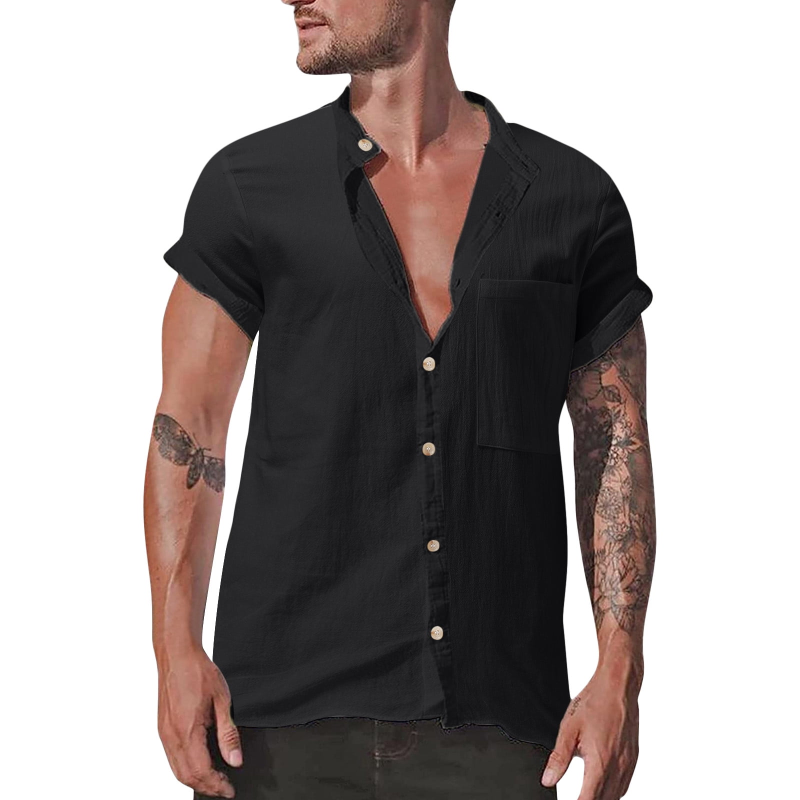 Black Mens T Shirt Mens Banded Collar Short Sleeve Button Down Shirts ...