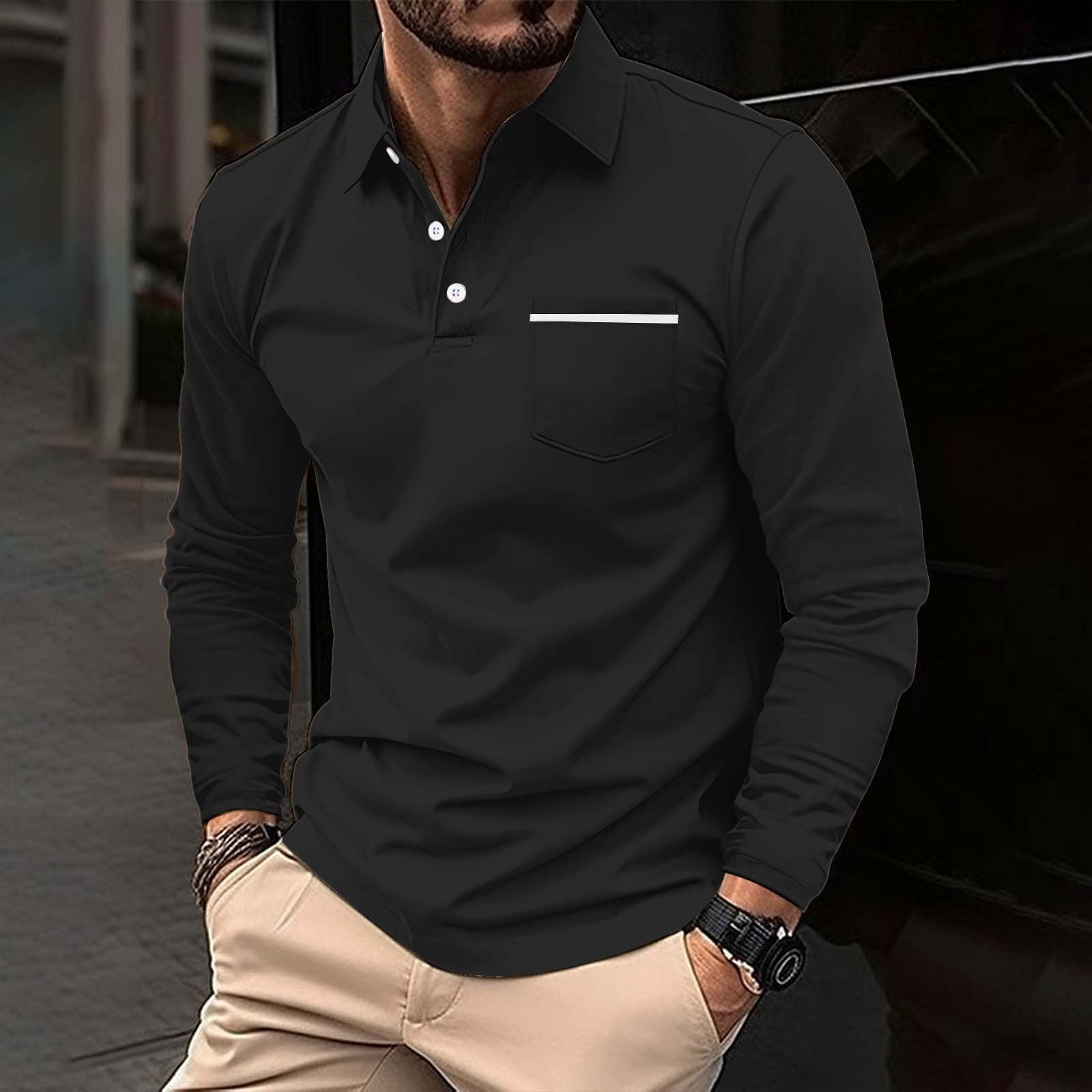 Black Mens T-Shirts Casual Long Sleeve Button Solid Color Long Sleeve ...