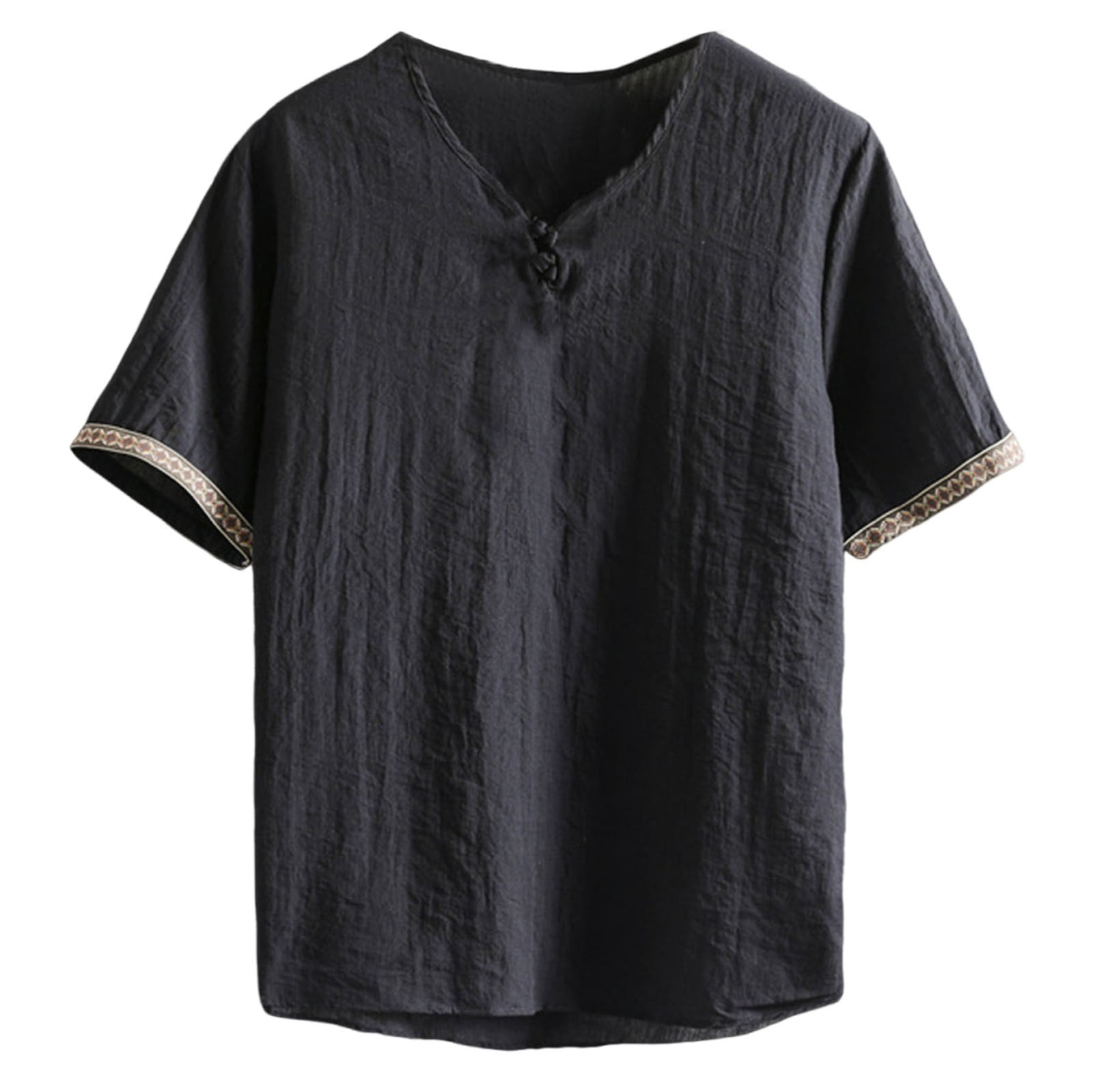 Black Mens T Shirts Collared Vneck Neck Faux Gauze Linen Tee Tops for ...