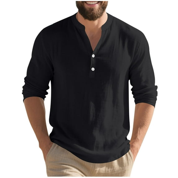 Black Mens T Shirts Crewneck Collared Neck Faux Linen Tops Tee for Mens ...