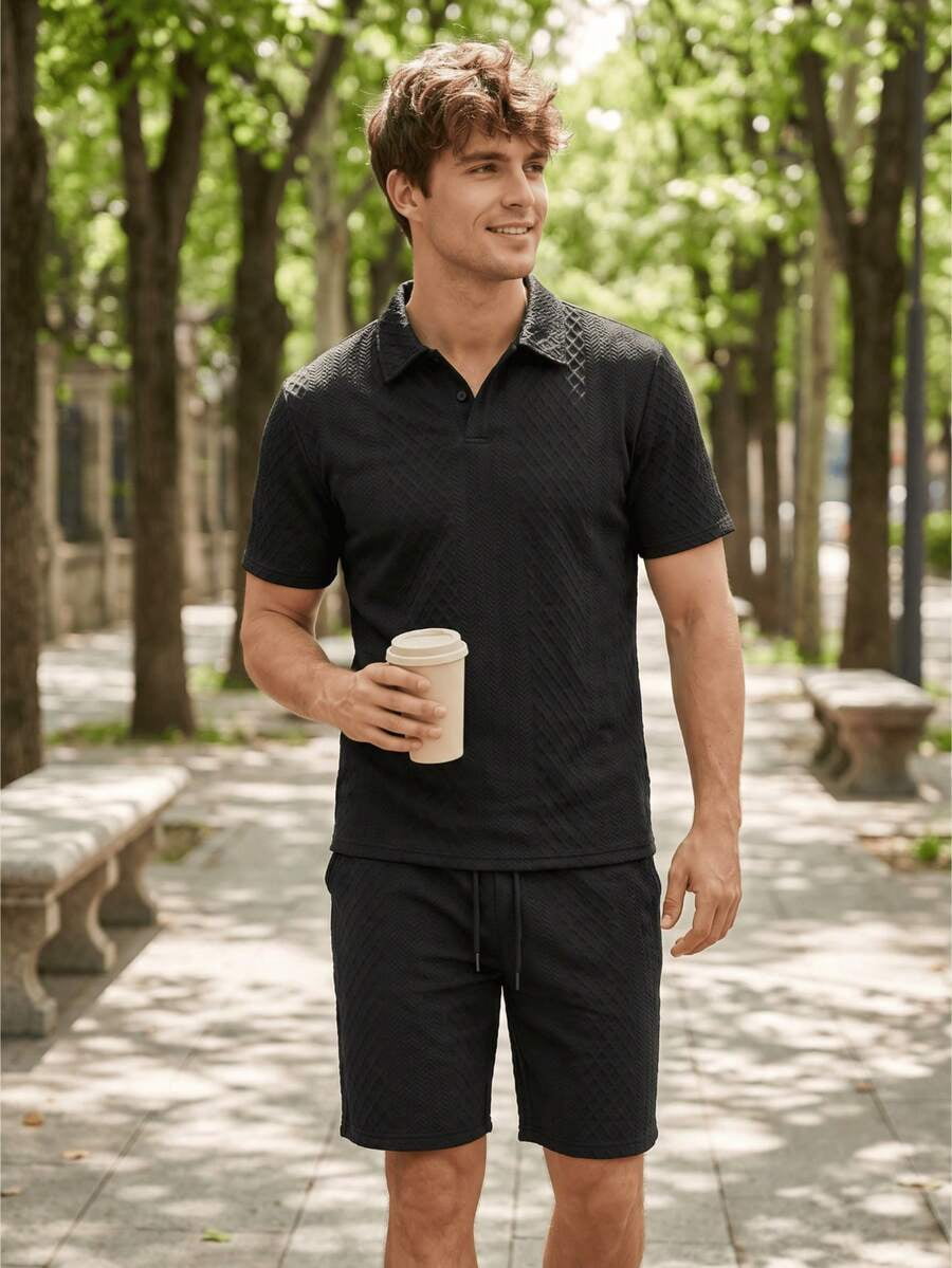 Black Mens Textured Polo Shirt And Shorts Set Casual Summer Knit-Like ...