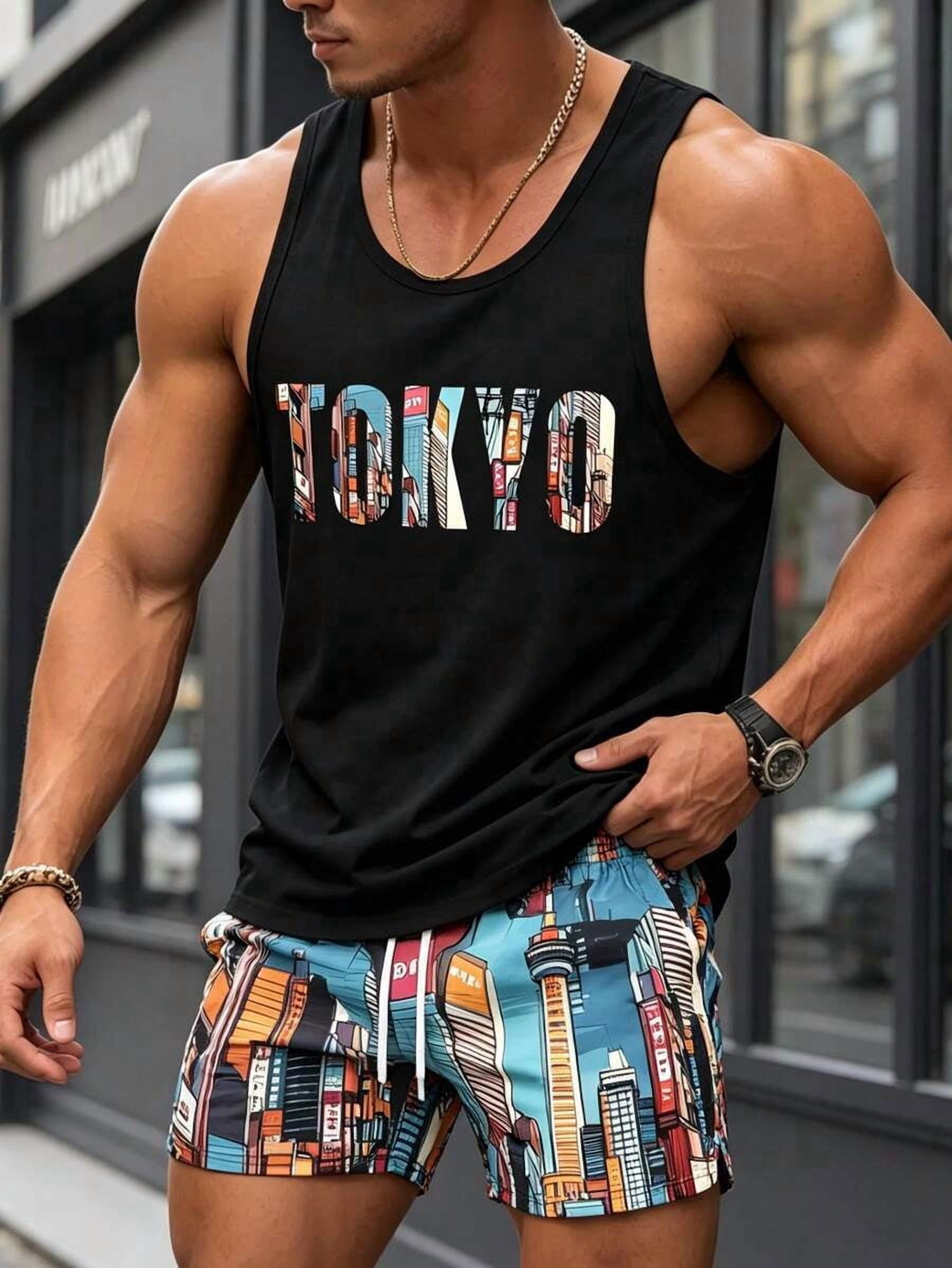Black Mens Tokyo Cityscape Print Muscle Tank Top, Casual Streetwear ...