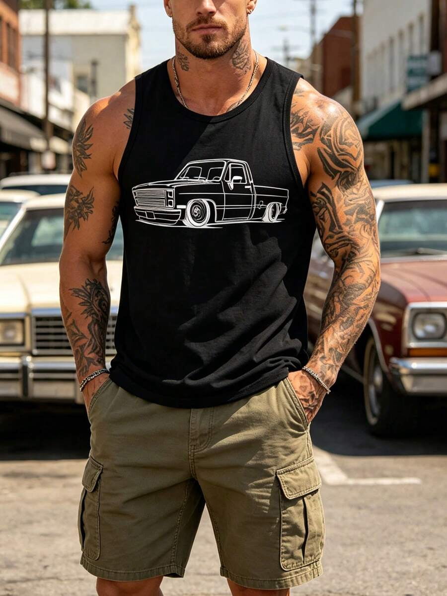 Black Mens Vintage-Inspired Truck Graphic Tank Top – Streetwear Muscle ...
