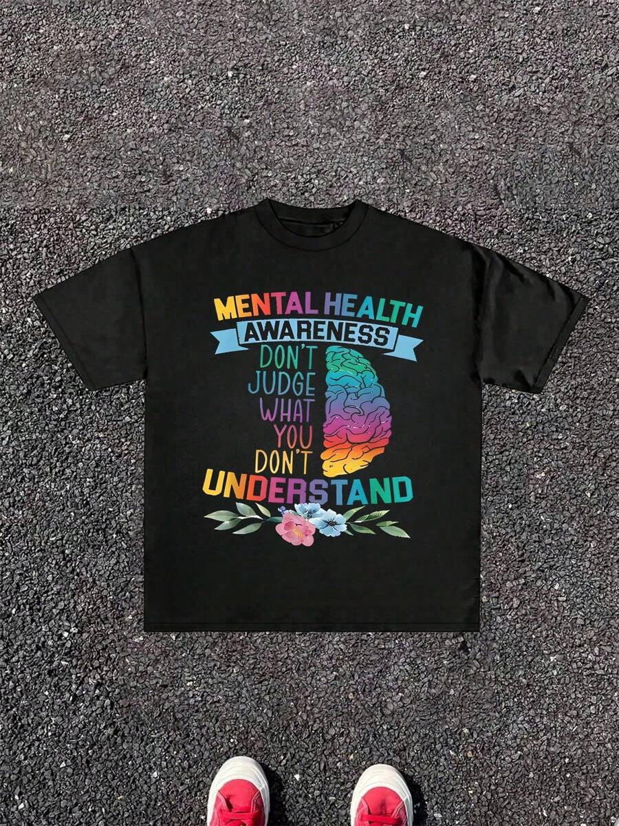 Black Mental Health Awareness Graphic Tee With Colorful Brain And ...
