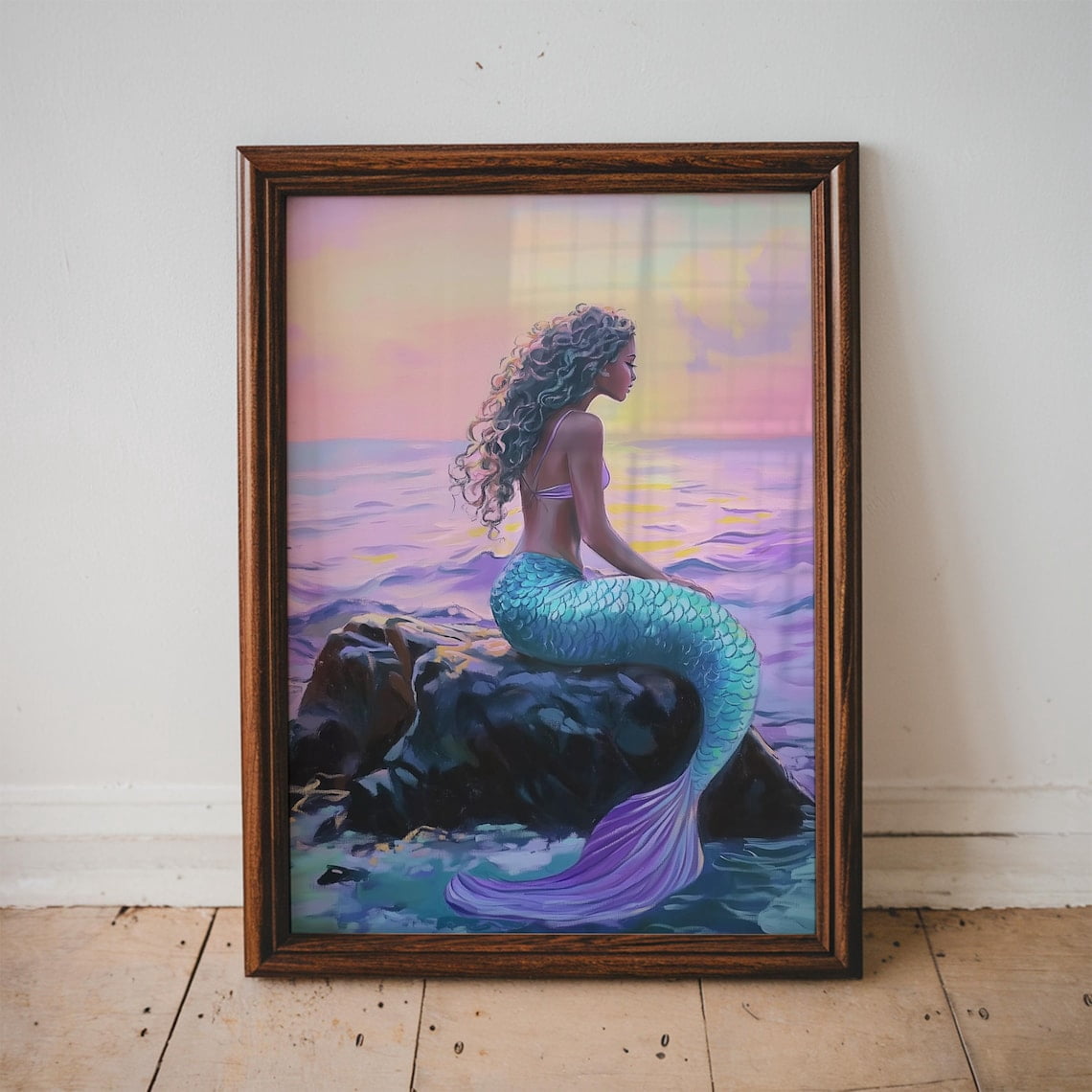 Black Mermaid At Sunset Coastal Summer Art Beach House Pastel Girls ...