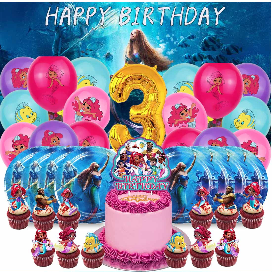 Black Mermaid Balloons Party Supplies 3rd Decor Tableware Birthday Cake Topper Decorations ...