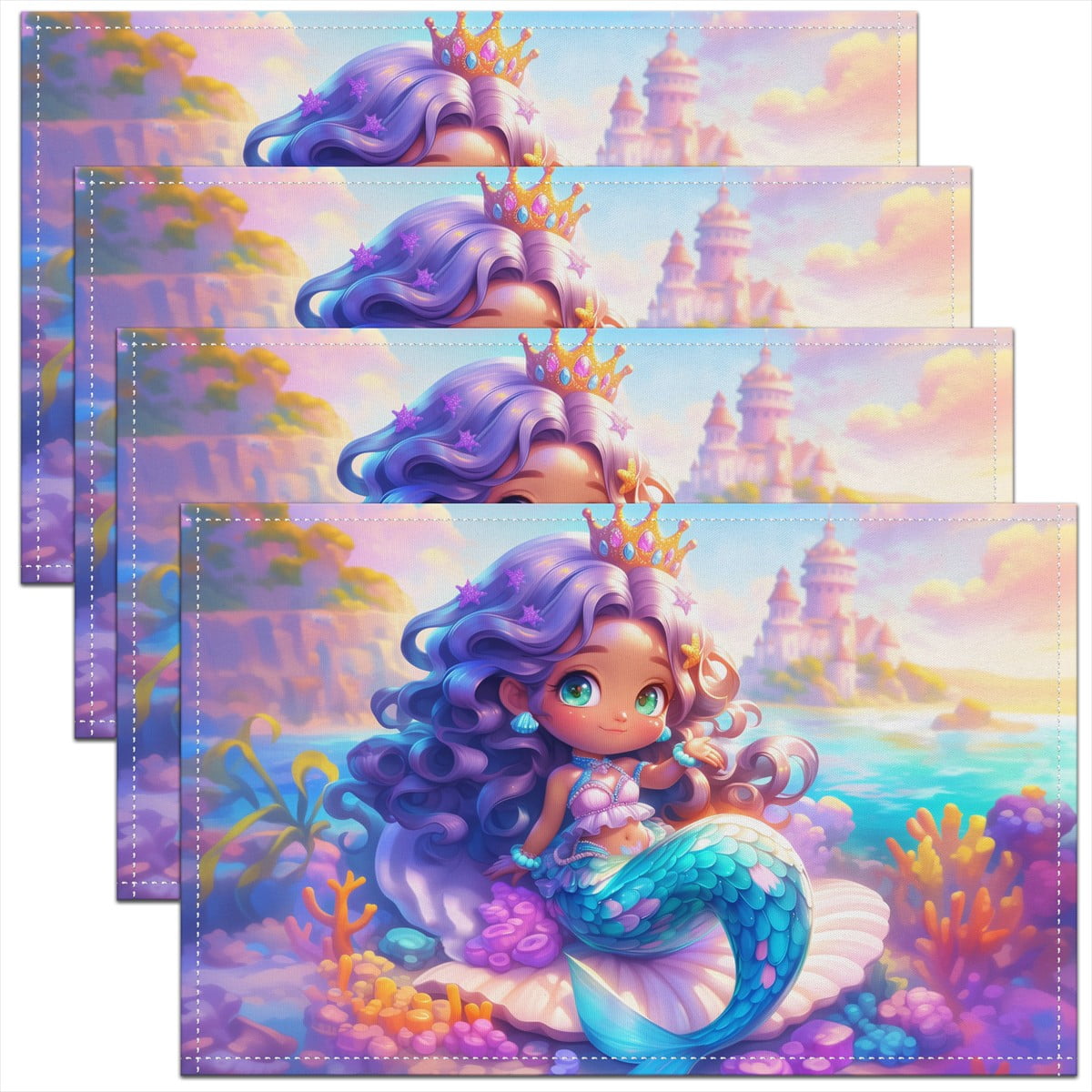 Black Mermaid Placemats for Dining Table Set of 4, Blue Mermaid Fish ...