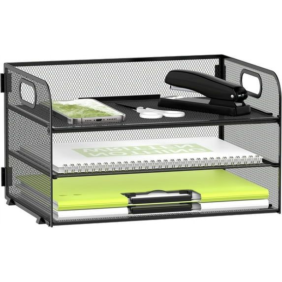 Black Mesh 3-Tier Paper Organizer with Handle - Letter/A4 Tray for File ...