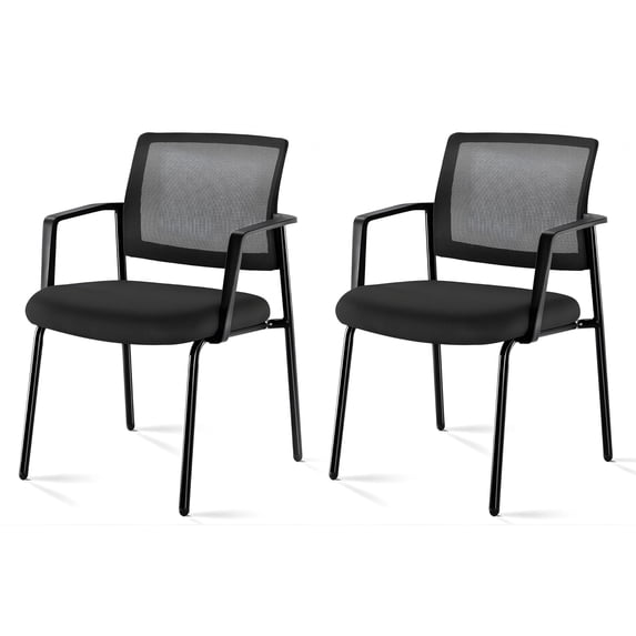 Black Mesh Back Office Arm Chairs 2 Pack Padded Fabric Seat Stacking ...