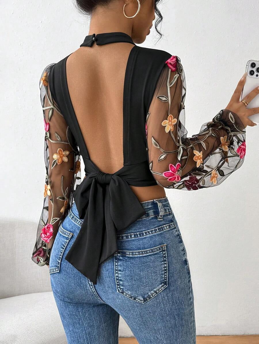 Black Mesh Embroidered Floral Long Sleeve Back Tie Crop Top With Stand ...