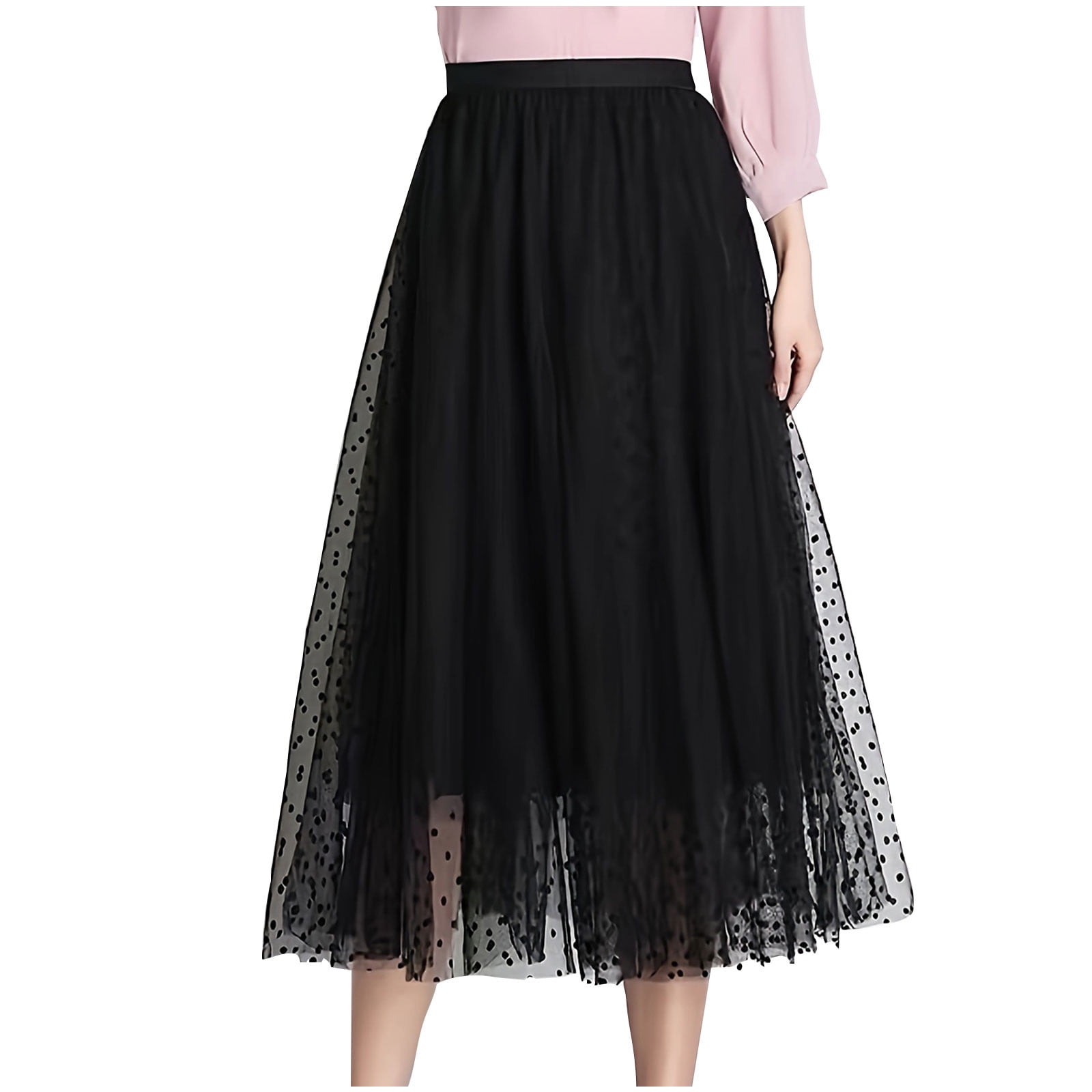 Black Mesh Polka Dot Plain Lounge Skorts for Women Midi Knee High Loose ...
