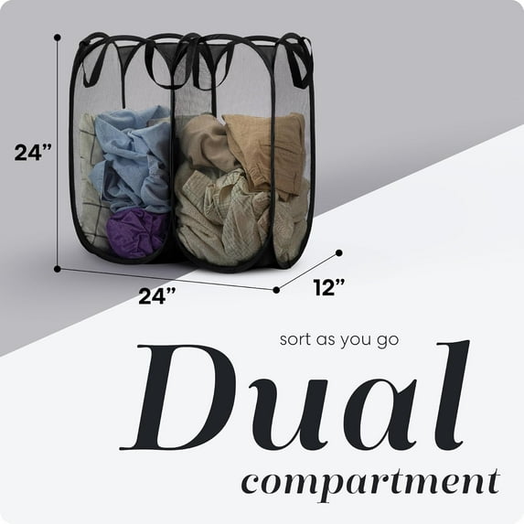 Black Mesh Popup Hamper with 2 Compartments - Collapsible Easy-Open ...