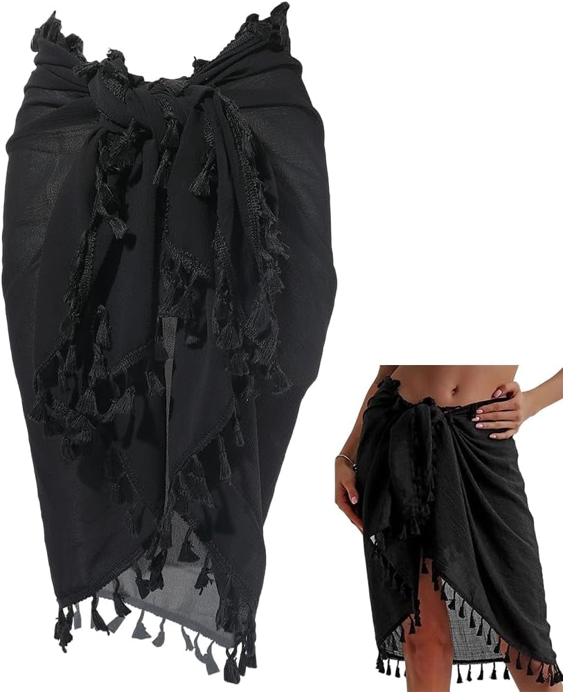 Black Mesh Sarong Cover Up Tassel Pareo Long Beach Swimsuit Scarf ...