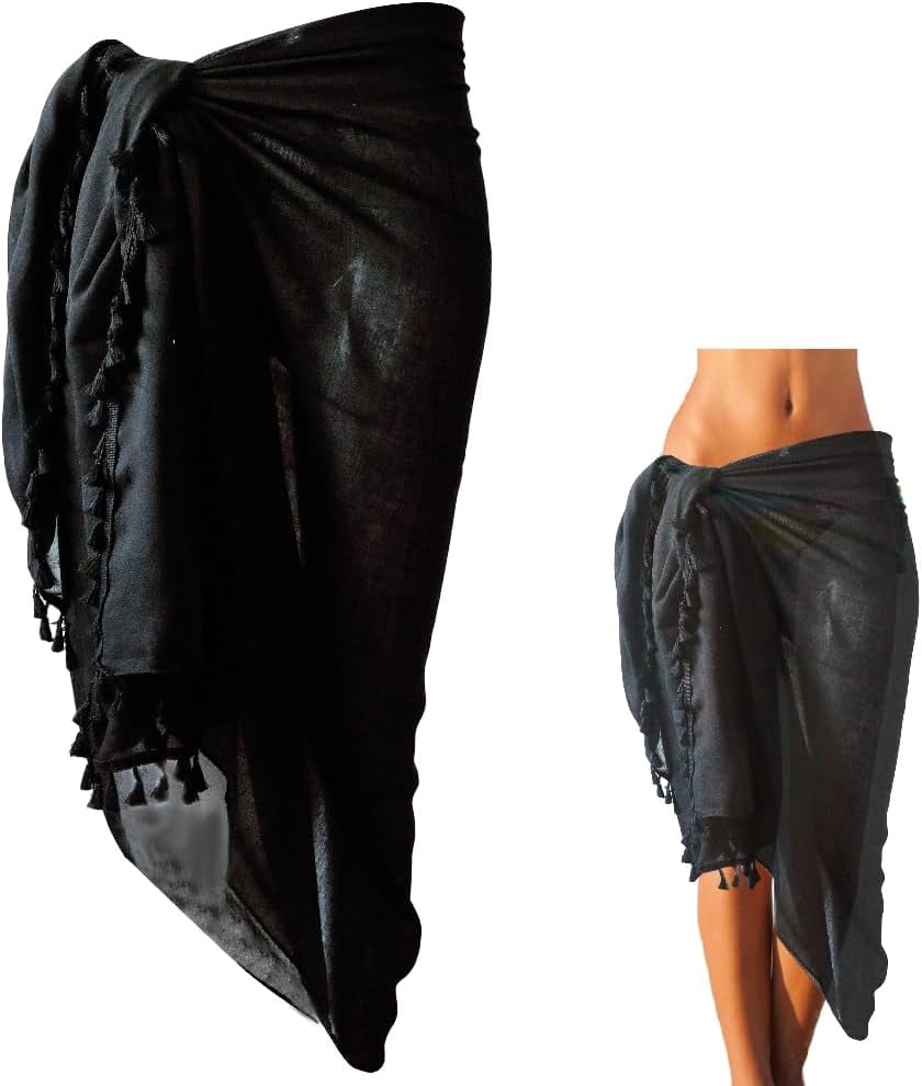 Black Mesh Sarong Cover Up Tassel Pareo Long Beach Swimsuit Sheer Scarf ...