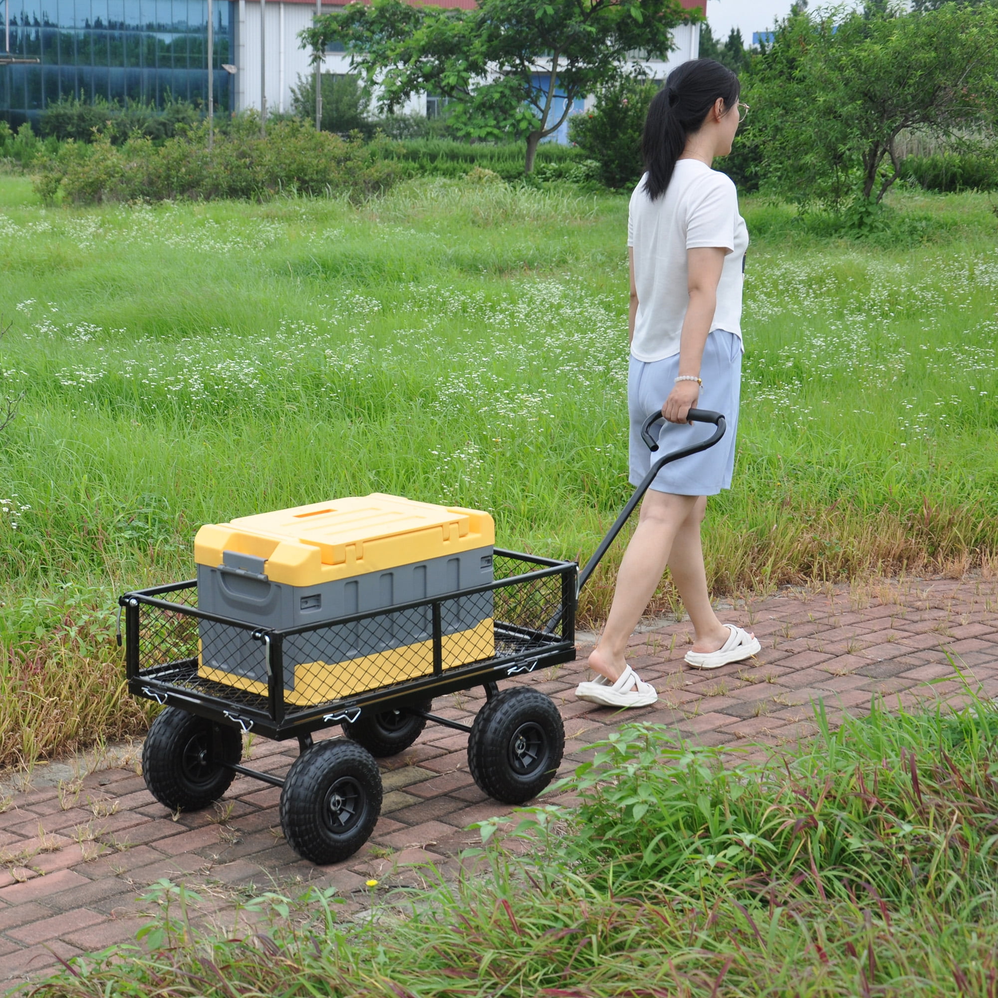 Black Mesh Steel Garden Cart Folding Utility Wagon with Removable Sides ...