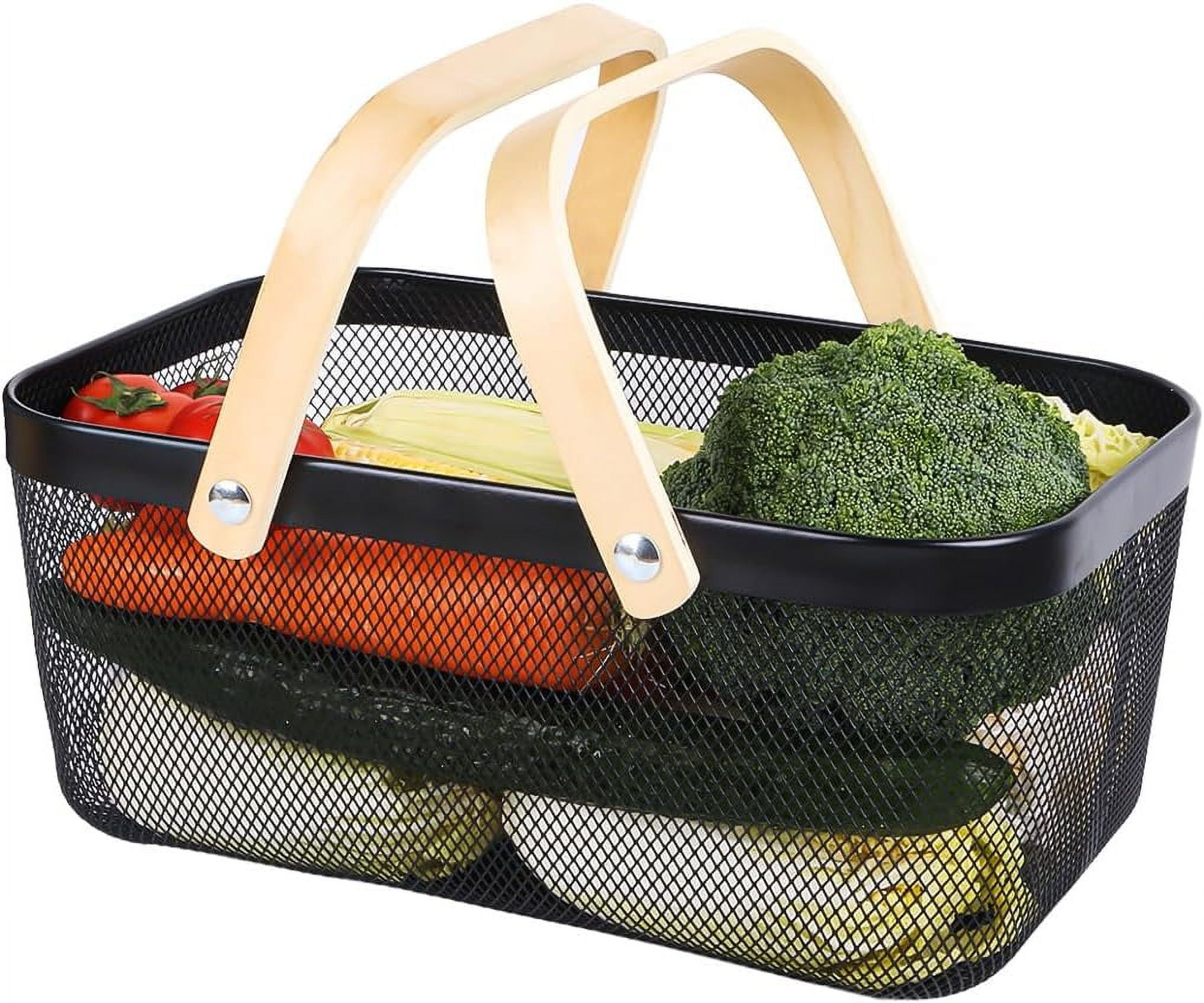Black Mesh Storage Basket with Wooden Handle,Multi-Functional Picking ...