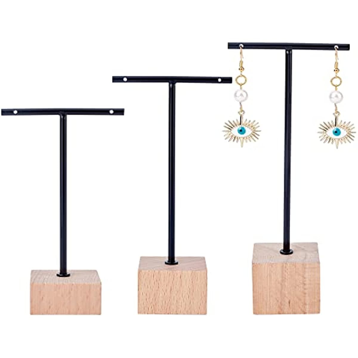 Black Metal 3 Pcs T Bar Earring Display Stand with Wooden Base Jewelry ...