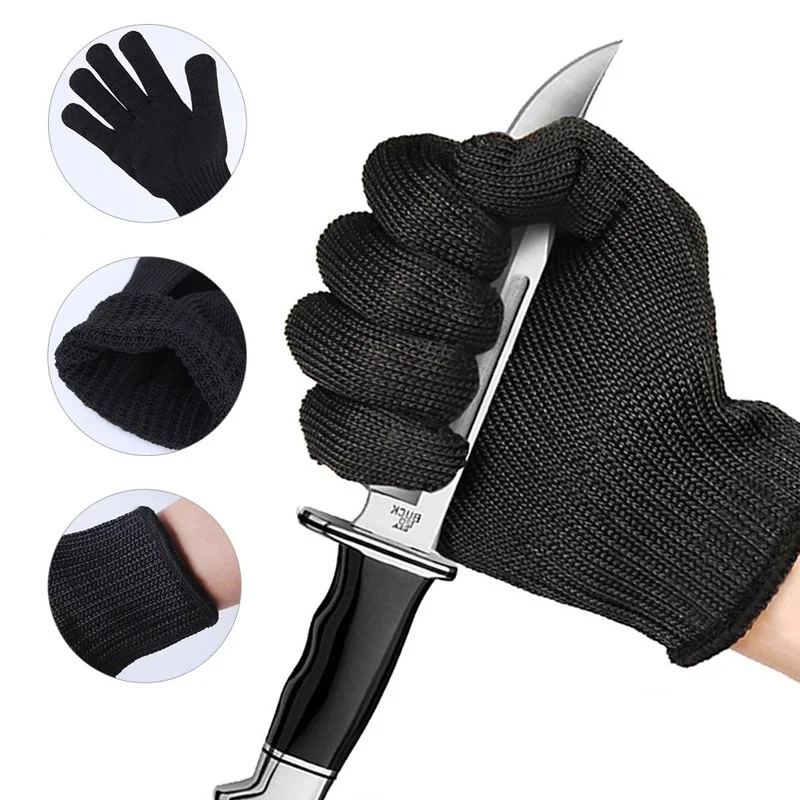 Black Metal Anti-Cut Gloves Level 5 Stainless Steel Wire Safety Kitchen ...