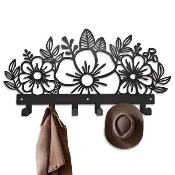Black Metal Baked Paint Floral Wall Hook Rack, Decorative Flower Key ...