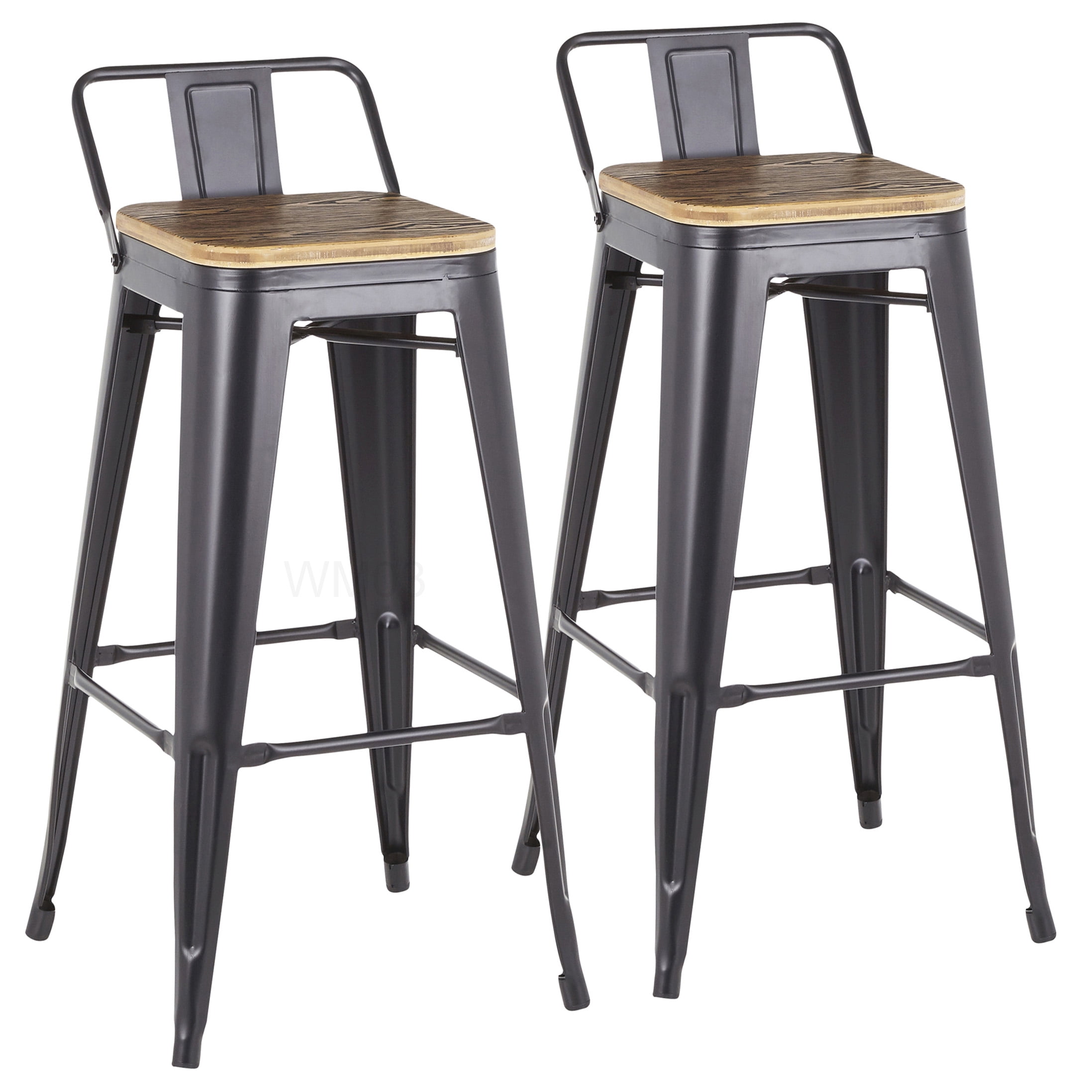 Black Metal Bar Stools Set of 2, Industrial Wood Grain Bamboo Counter ...