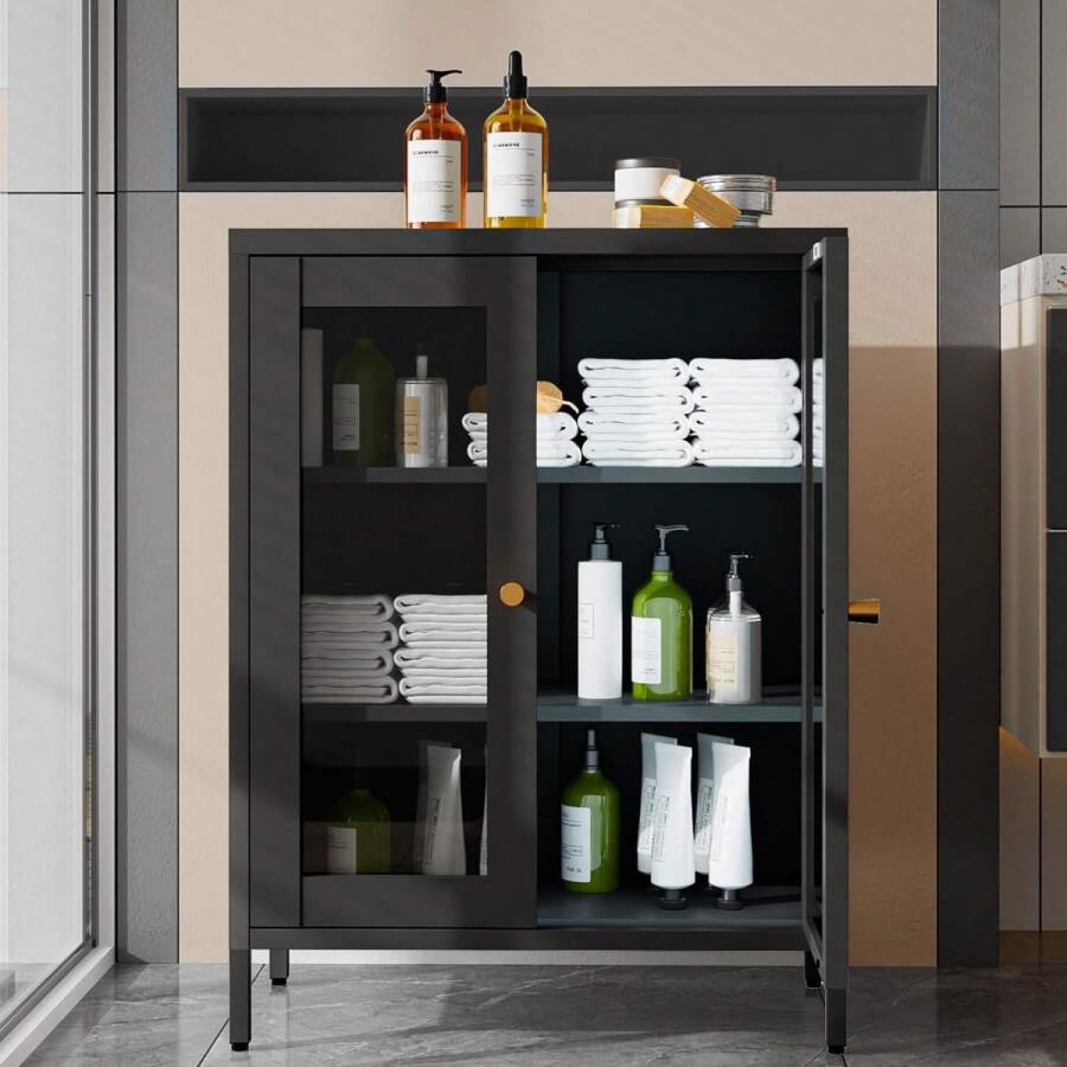 Black Metal Bathroom Cabinet,Display Cabinet With 2 Glass Doors And 2 ...