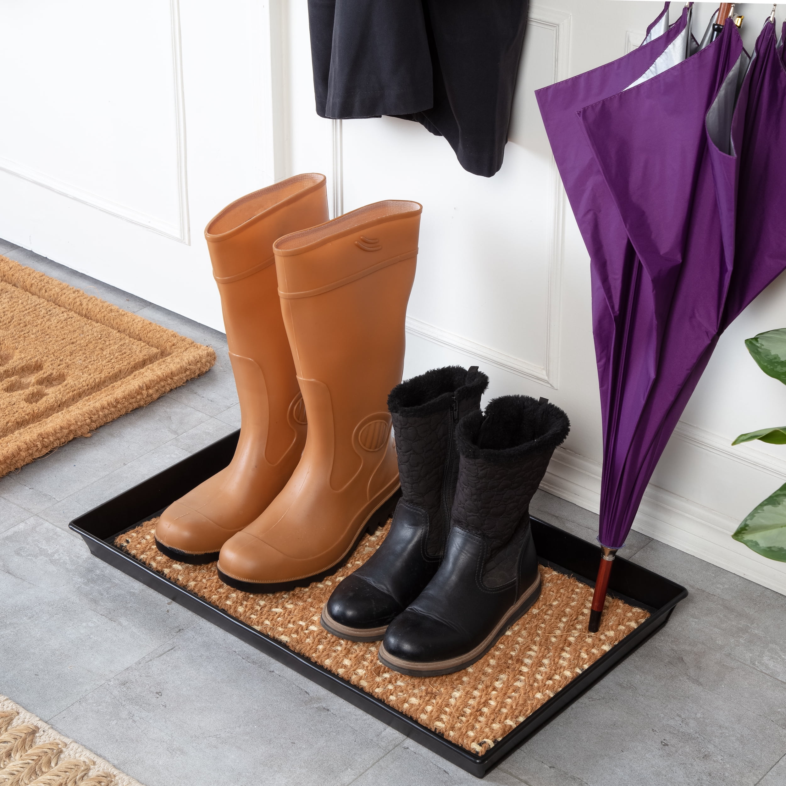 Black Metal Boot Tray with Tan & Khaki Coir Insert - Walmart.com