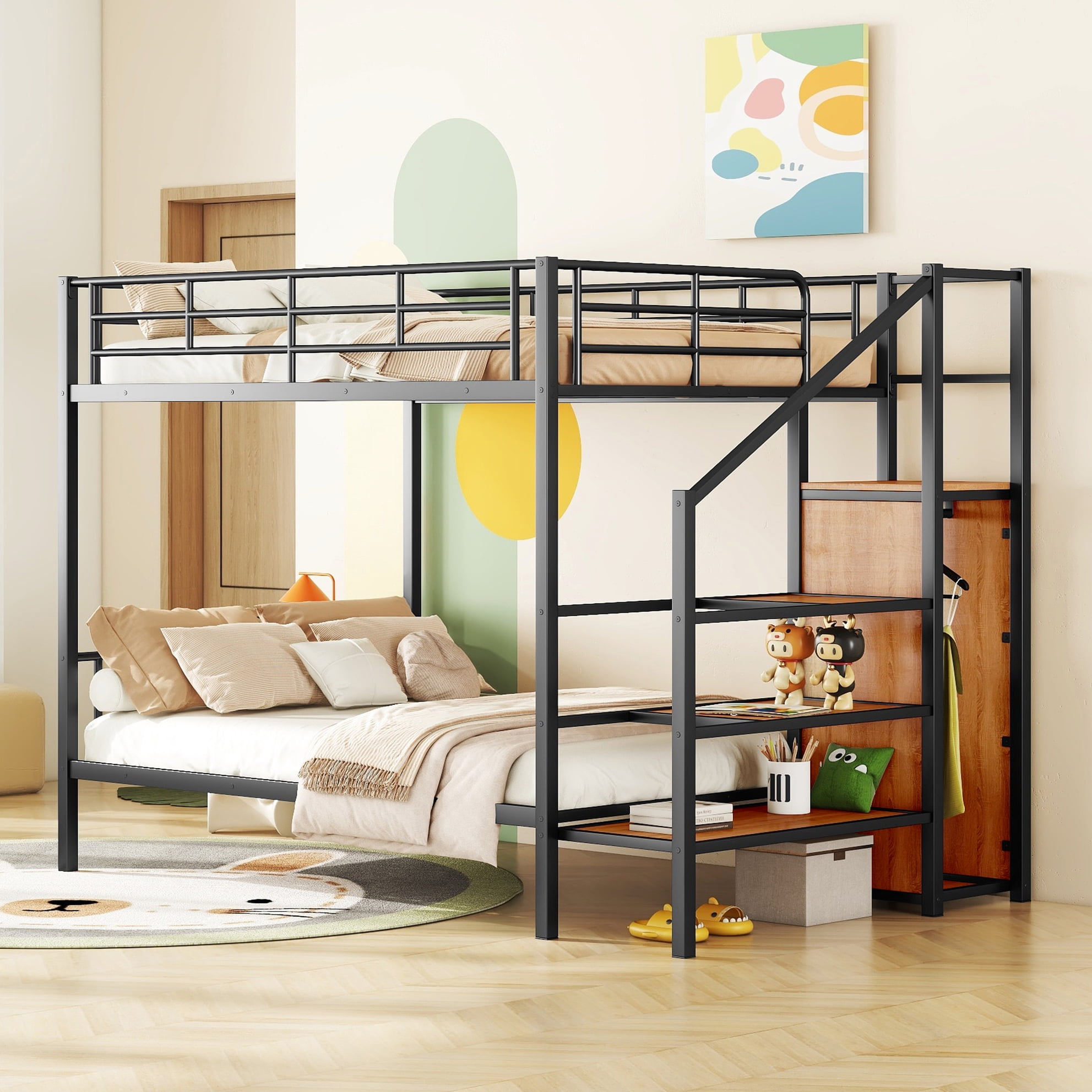 Black Metal Bunk Bed With Lateral Shelf And Garment Storage Area ...