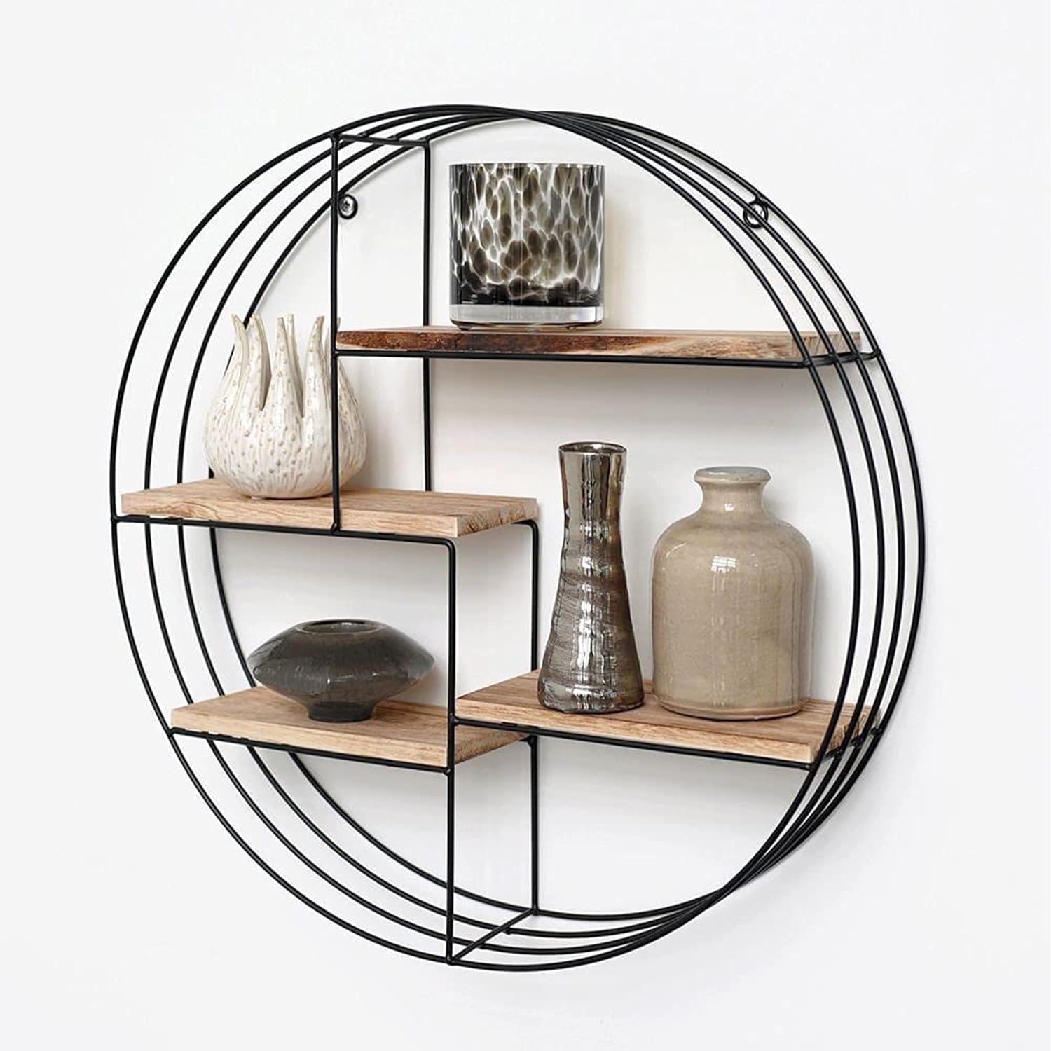 Black Metal Circular Wall Shelf -4 Wooden Shelves -50X11 Cm Brightness ...