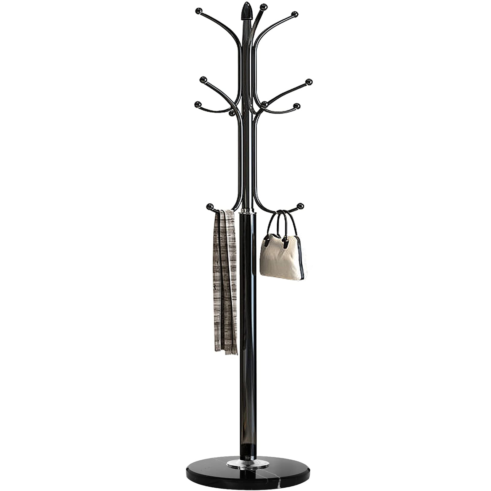 Black Metal Coat & Hat Rack with Marble Base, Free Standing Hall Tree ...