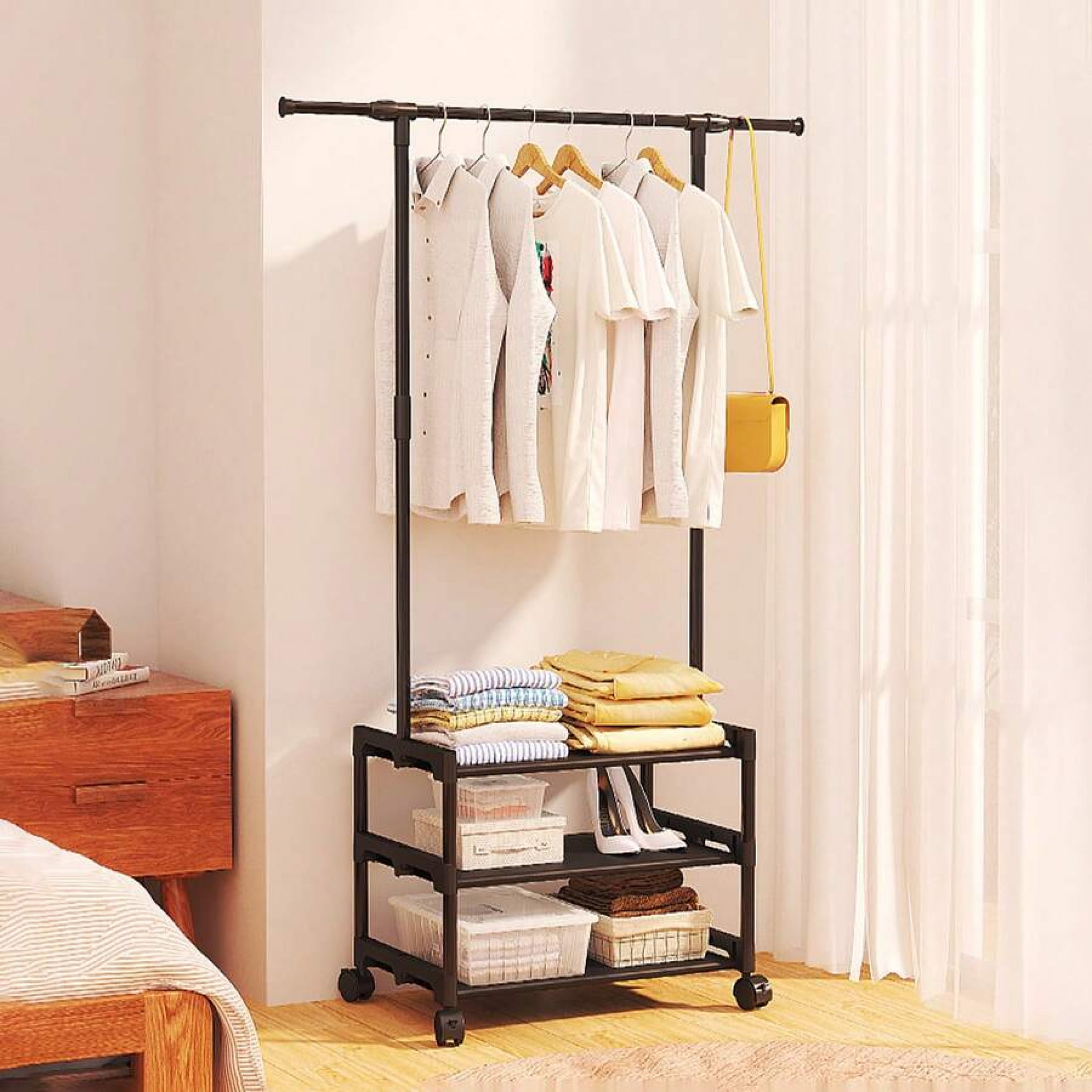 Black Metal Coat Rack with Storage Shelf - Freestanding Rolling Garment ...