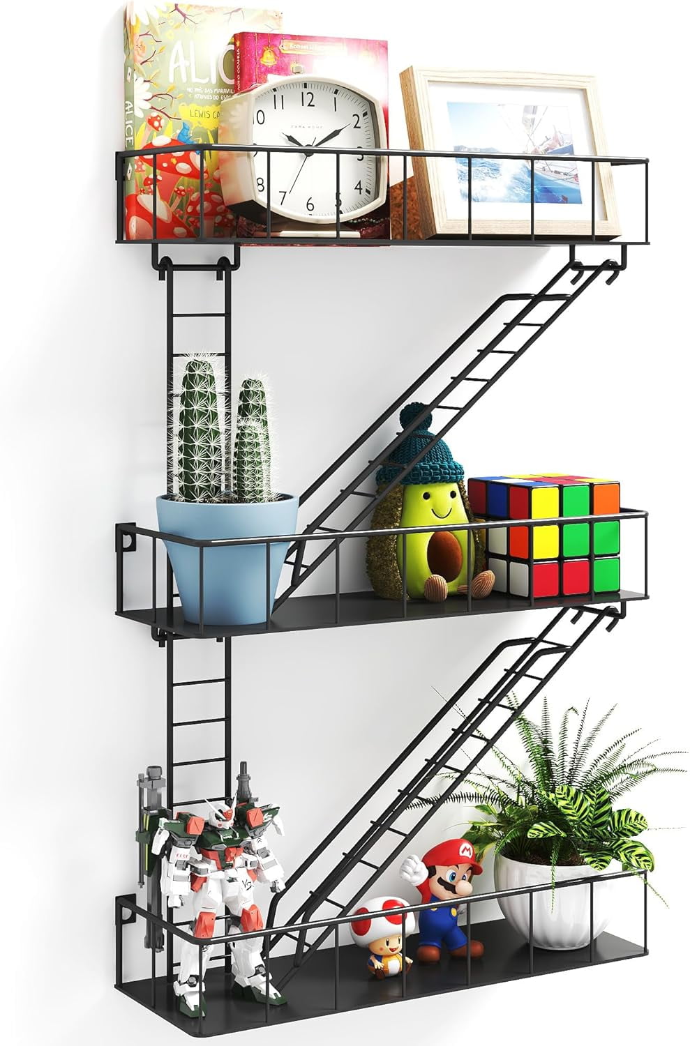 Black Metal Fire Escape Wall Shelf, Unique Decorative Shelves for Wall ...