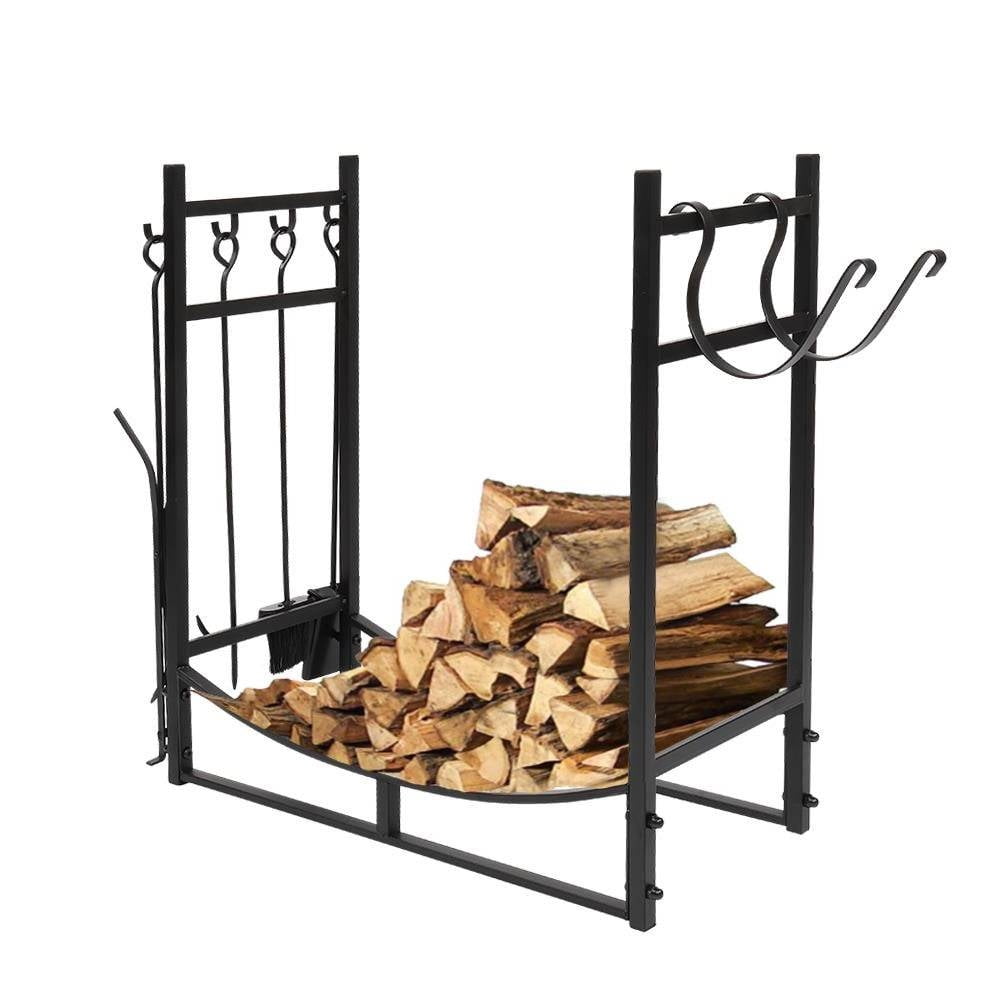 Black Metal Firewood Holder Log Rack with Poker Shovel Tongs and Broom ...