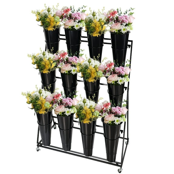 Black Metal Flower Display Stand with 3 Tiers, 12 Plastic Buckets, and ...