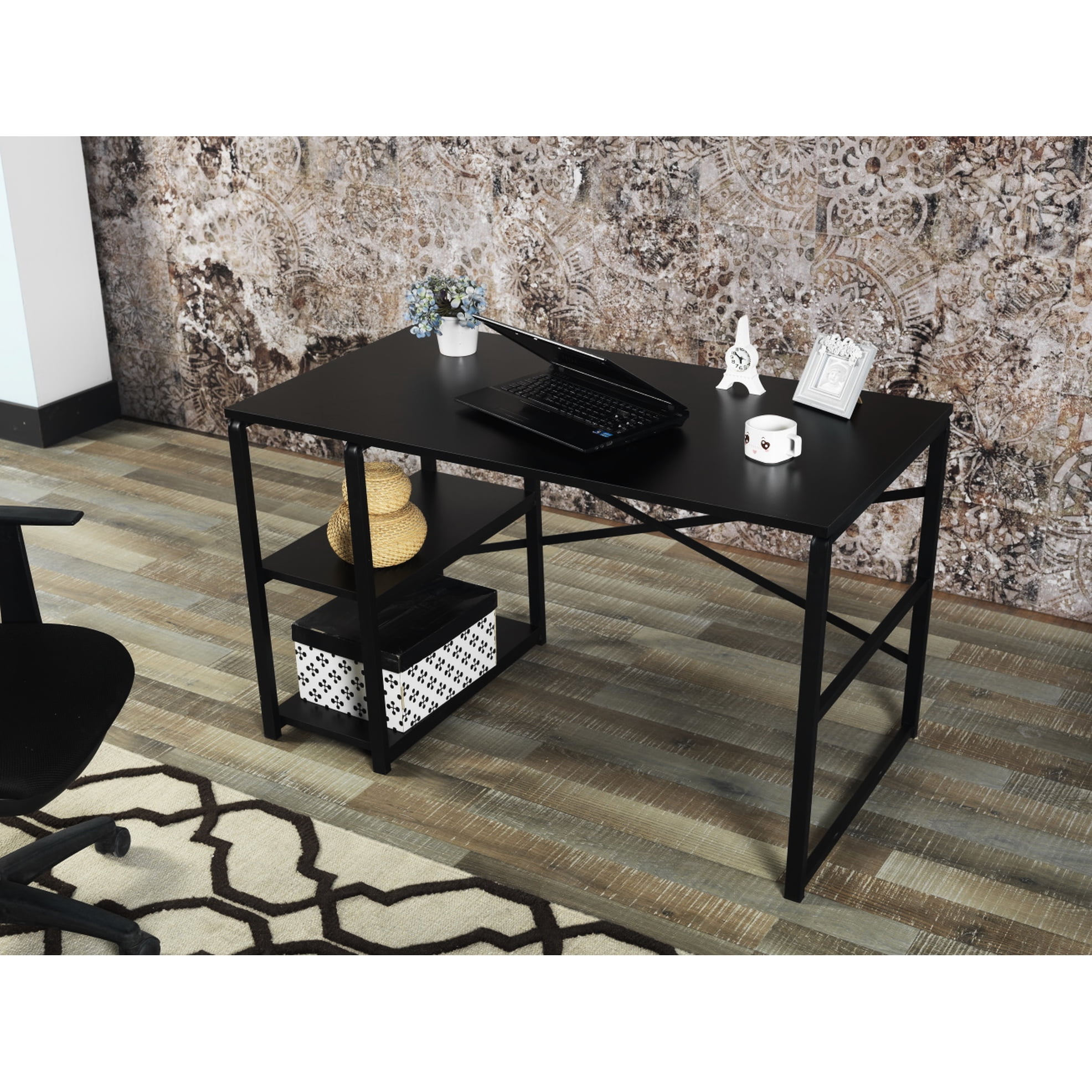 Black Metal Frame Desk With 47" Wooden Top And 2 Shelves - Home Office ...