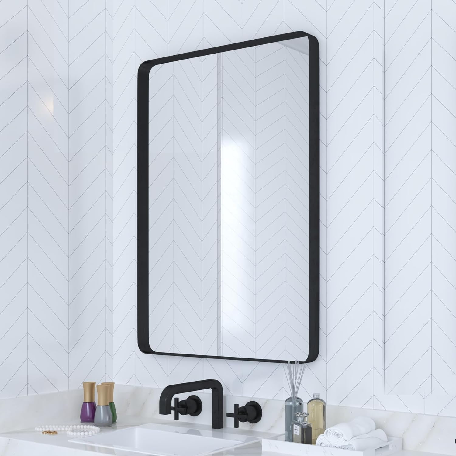 Black Metal Framed Bathroom Mirror for Wall, 22 x 30 Inch Rounded ...