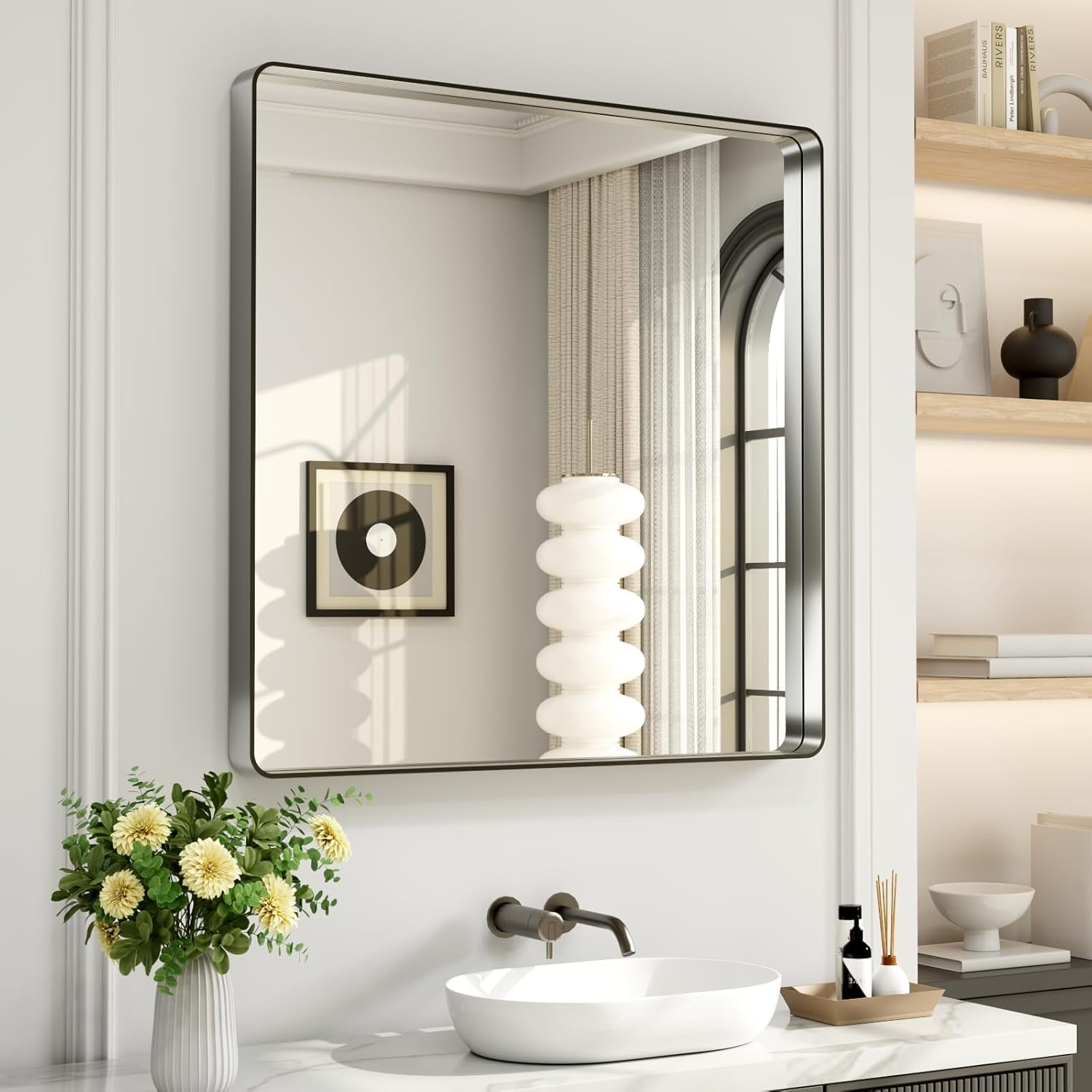 Black Metal Framed Bathroom Mirror for Wall, 22X30 Inch Rounded ...