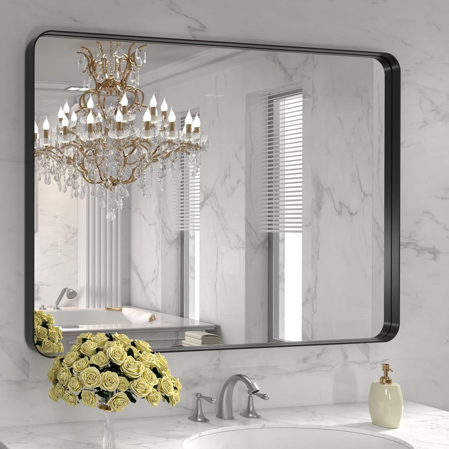 Black Metal Framed Bathroom Mirror for Wall, 22X30 Inch Rounded ...