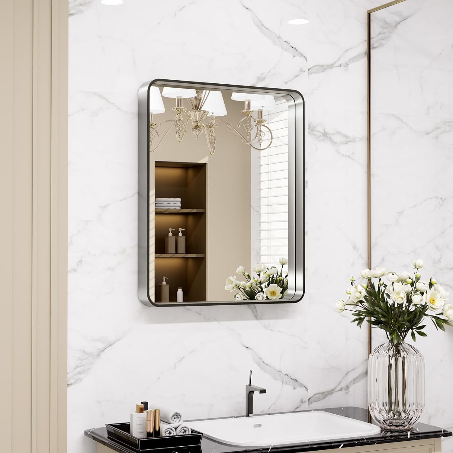 Black Metal Framed Bathroom Mirror for Wall, 22X30 Inch Rounded ...