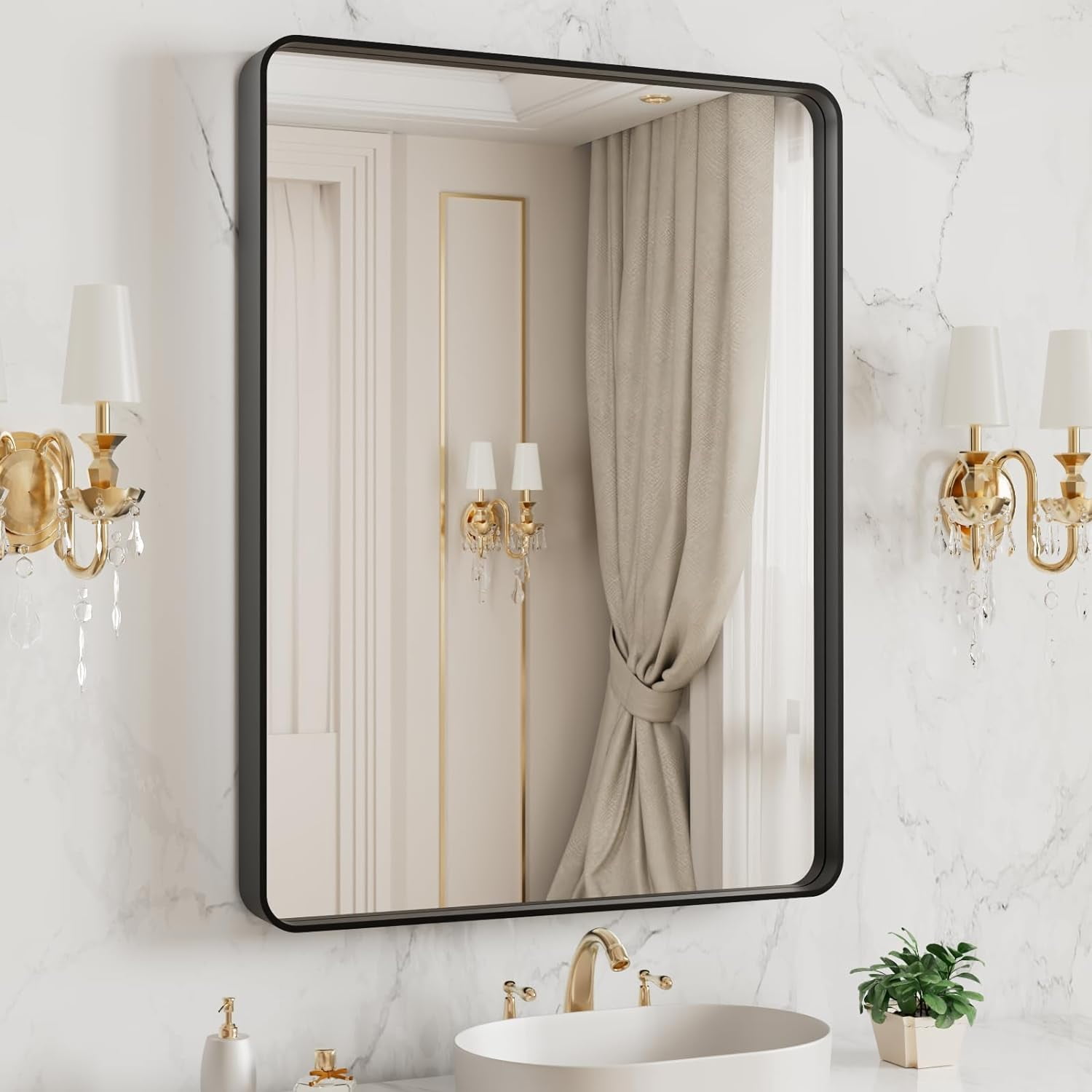 Black Metal Framed Bathroom Mirror for Wall, 22X30 Inch Rounded ...