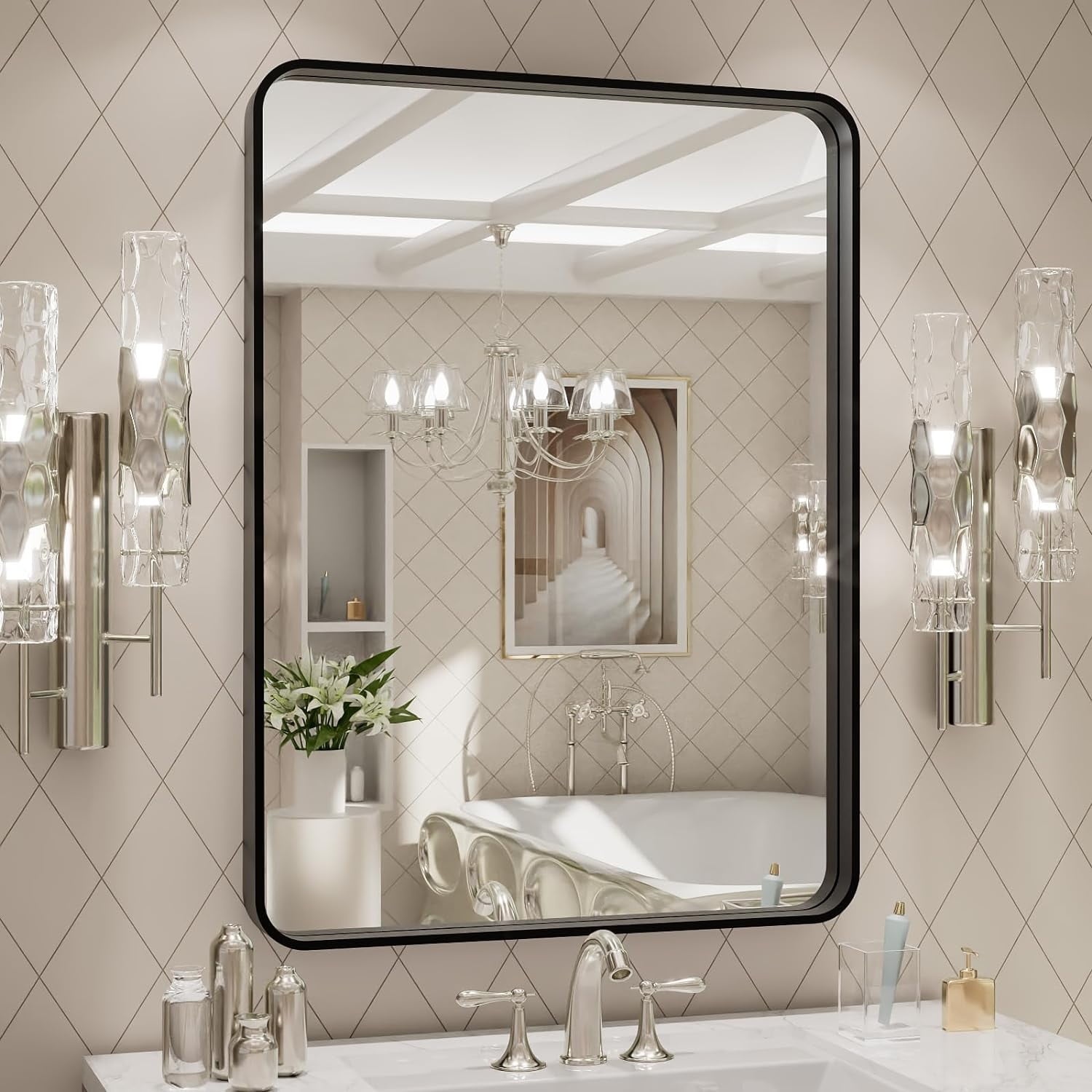 Black Metal Framed Bathroom Mirror for Wall, 24X36 Inch Rounded ...