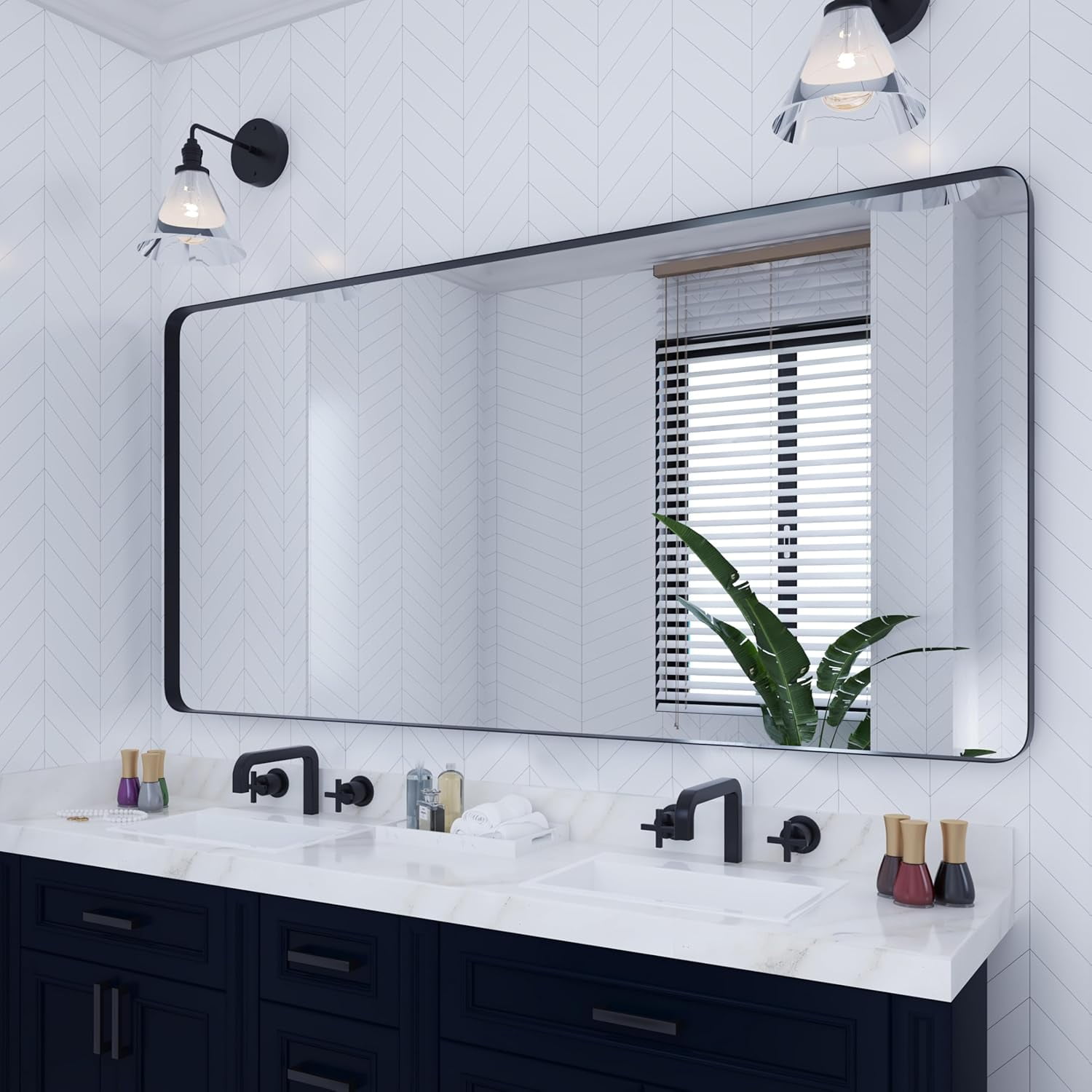 Black Metal Framed Bathroom Mirror for Wall, 72 x 36 Inch Large Rounded ...