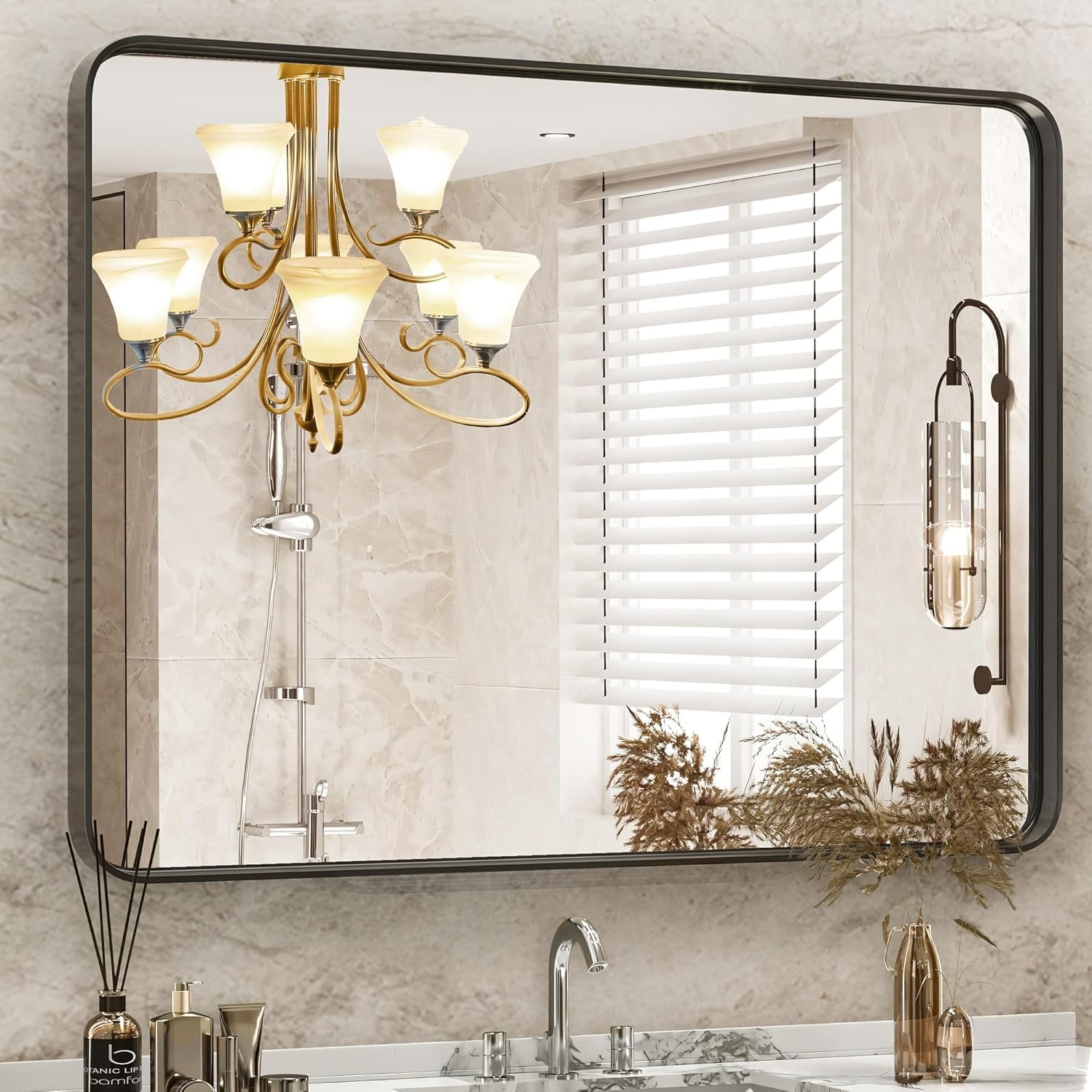 Black Metal Framed Vanity Rounded Rectangle Bathroom Mirrors for Over ...